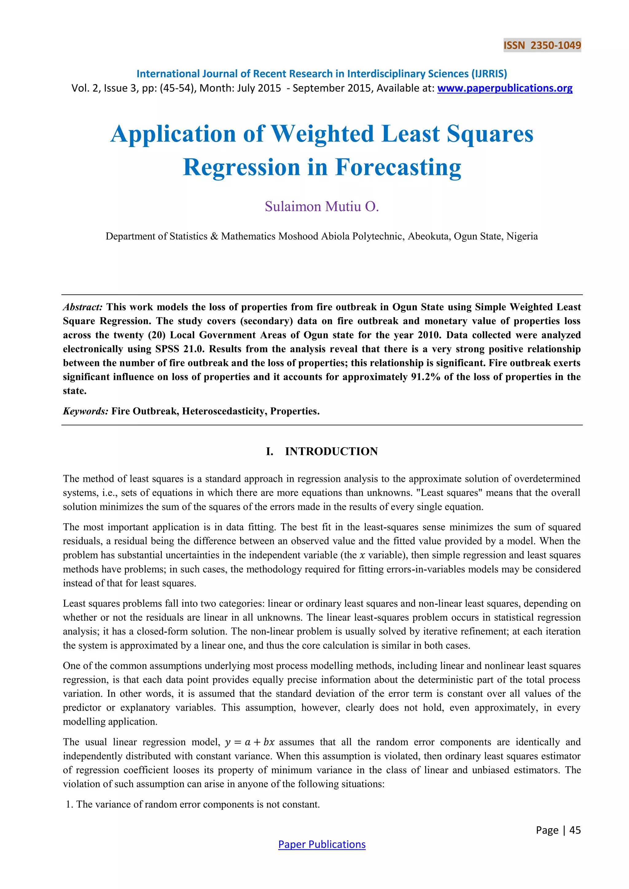 Application Of Weighted Least Squares Regression In Forecasting Pdf