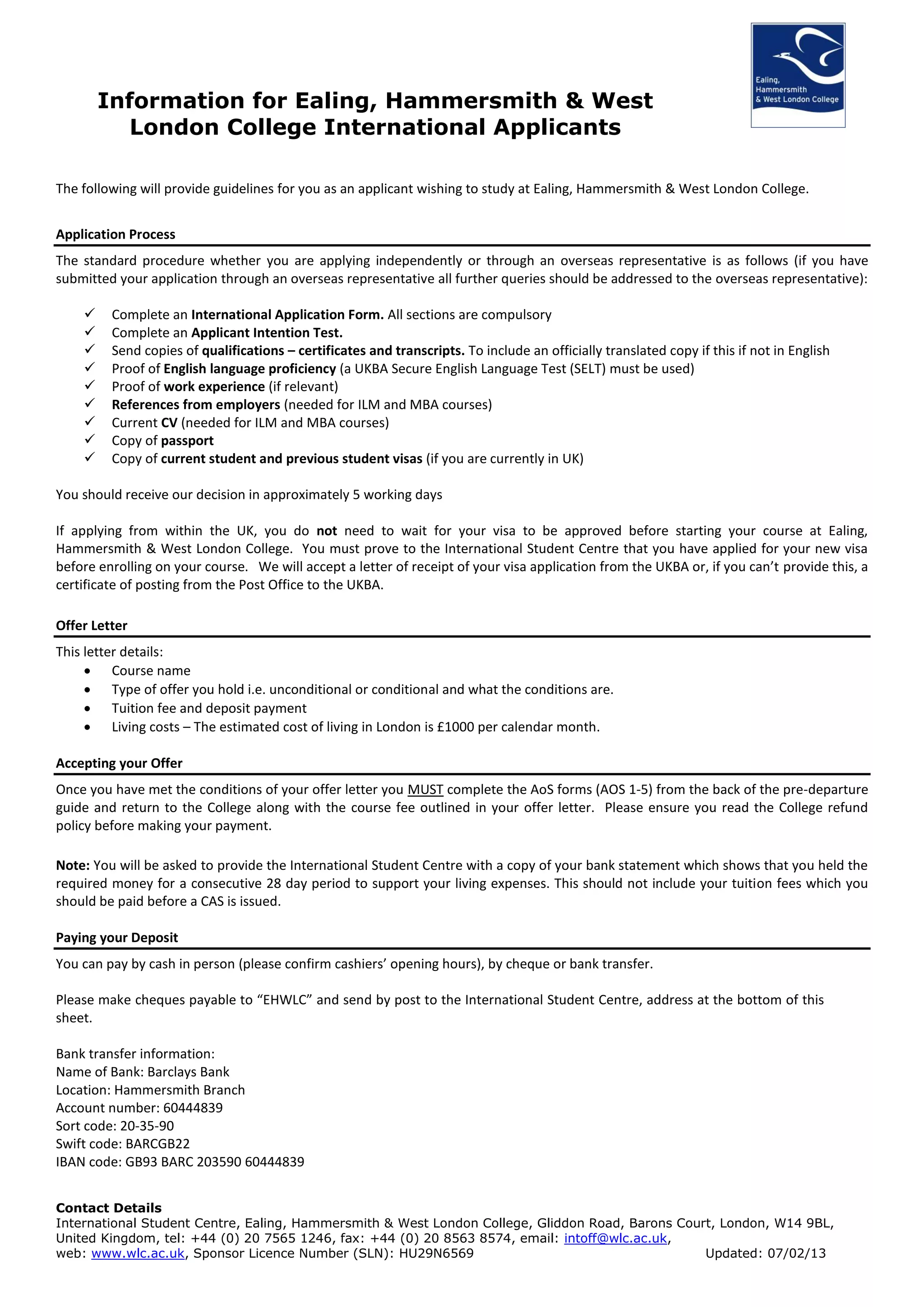 Ealing Hammersmith and West London College Application process 2013 | PDF