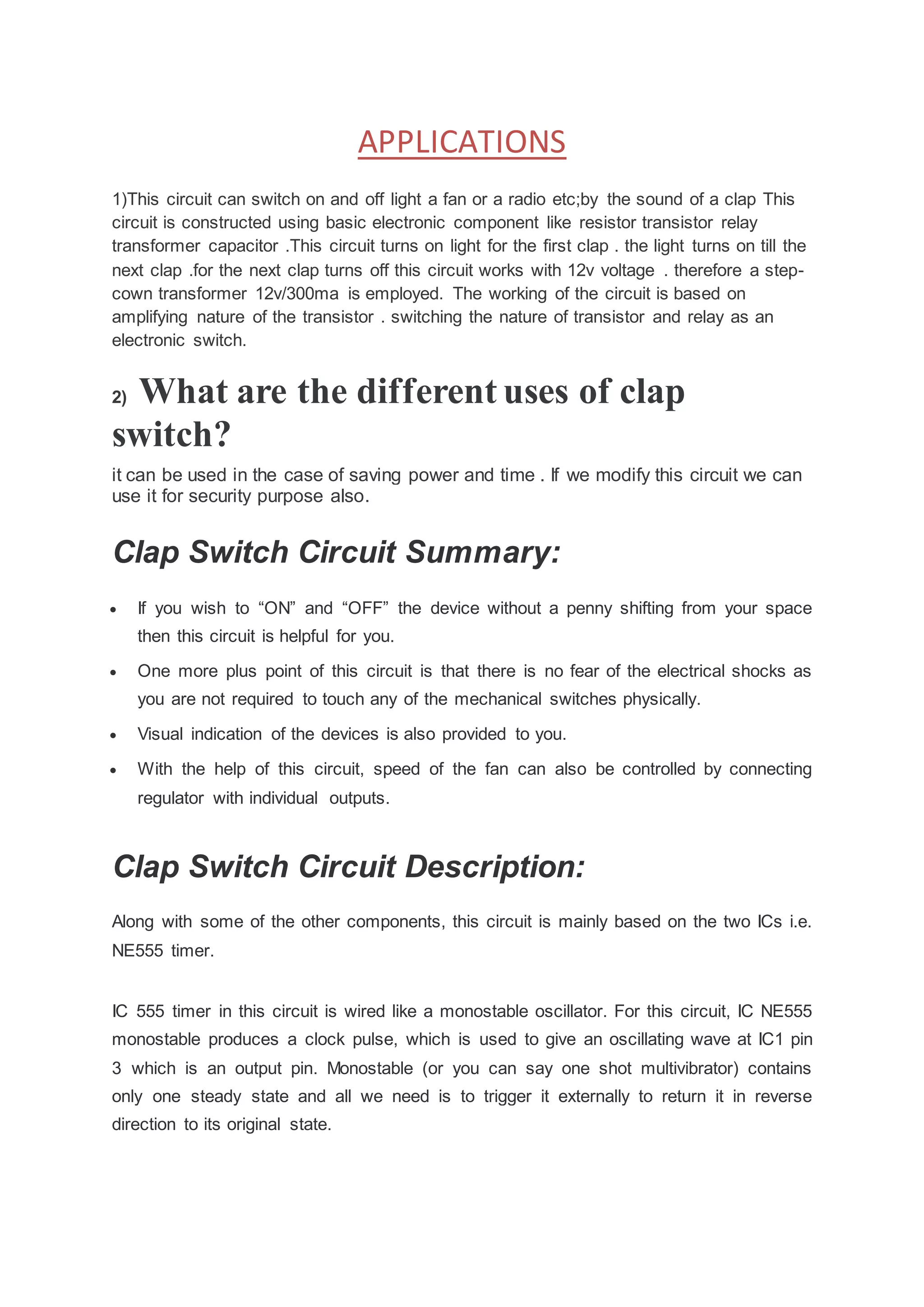 Applications Of Clapping Switch | DOCX