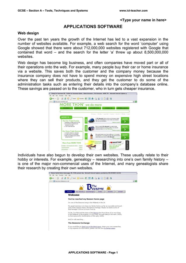 Applications Software - Web Design. worksheet. | DOC | Web Design and HTML | Internet