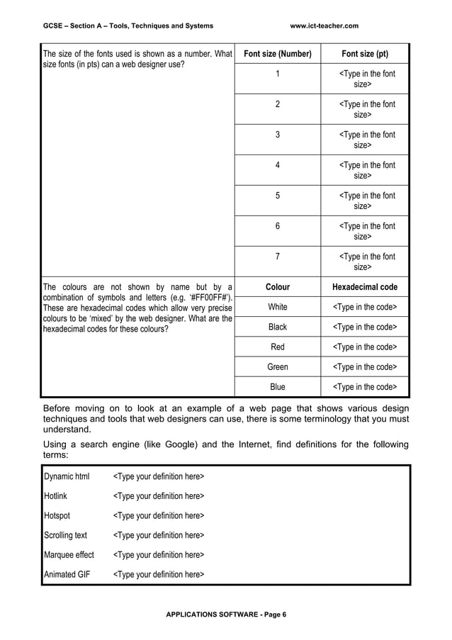 Applications Software - Web Design. worksheet. | DOC | Web Design and HTML | Internet