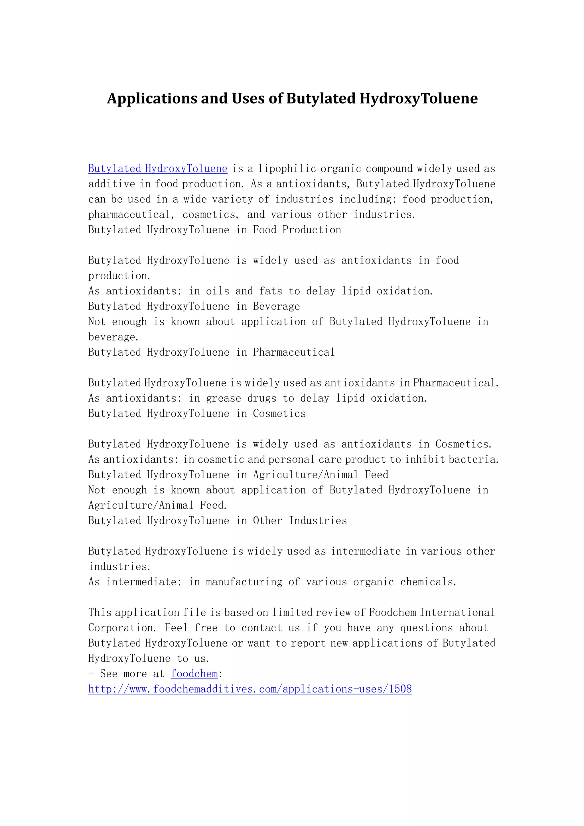 Applications and uses of butylated hydroxy toluene | PDF