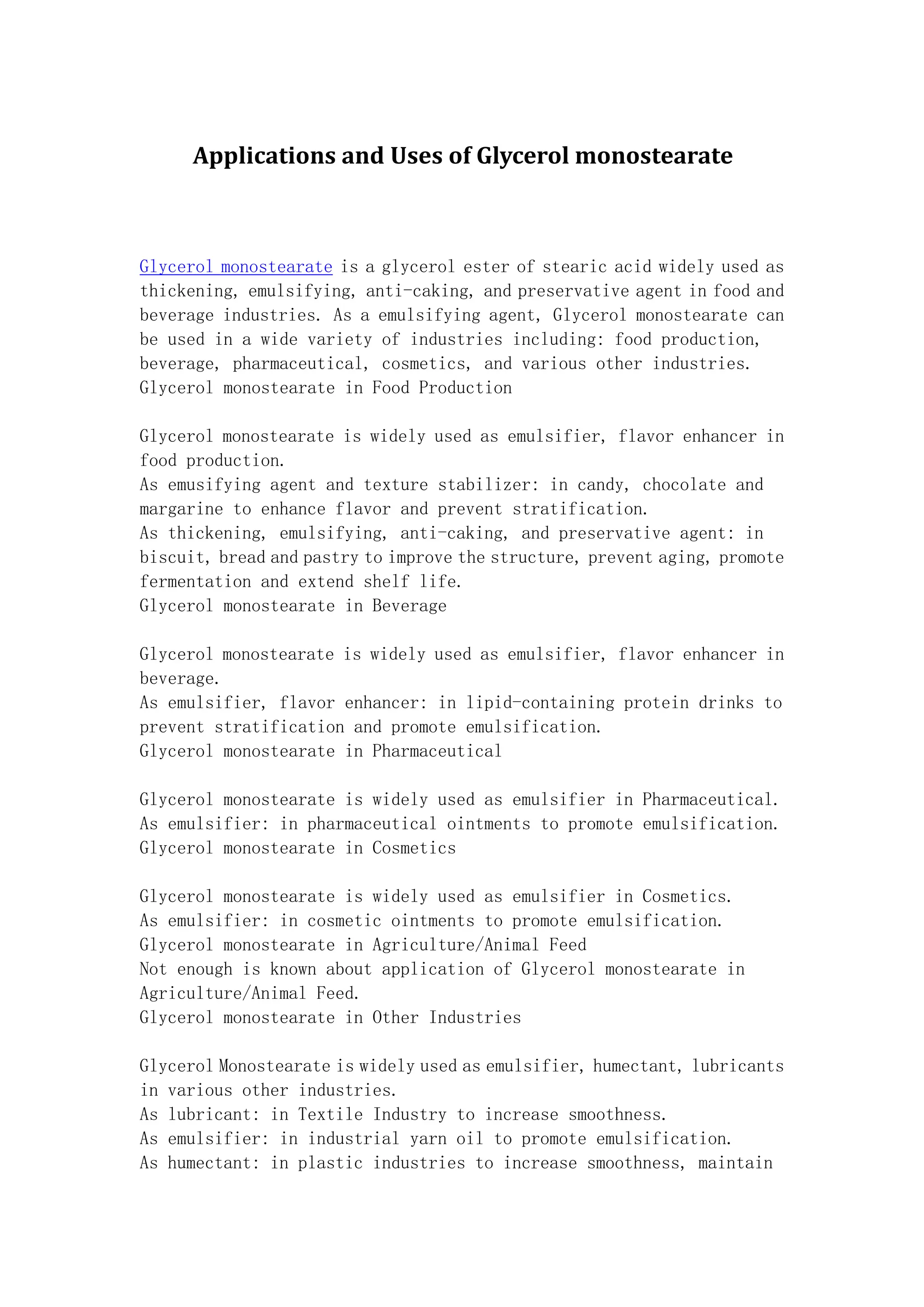 Applications and uses of glycerol monostearate | PDF
