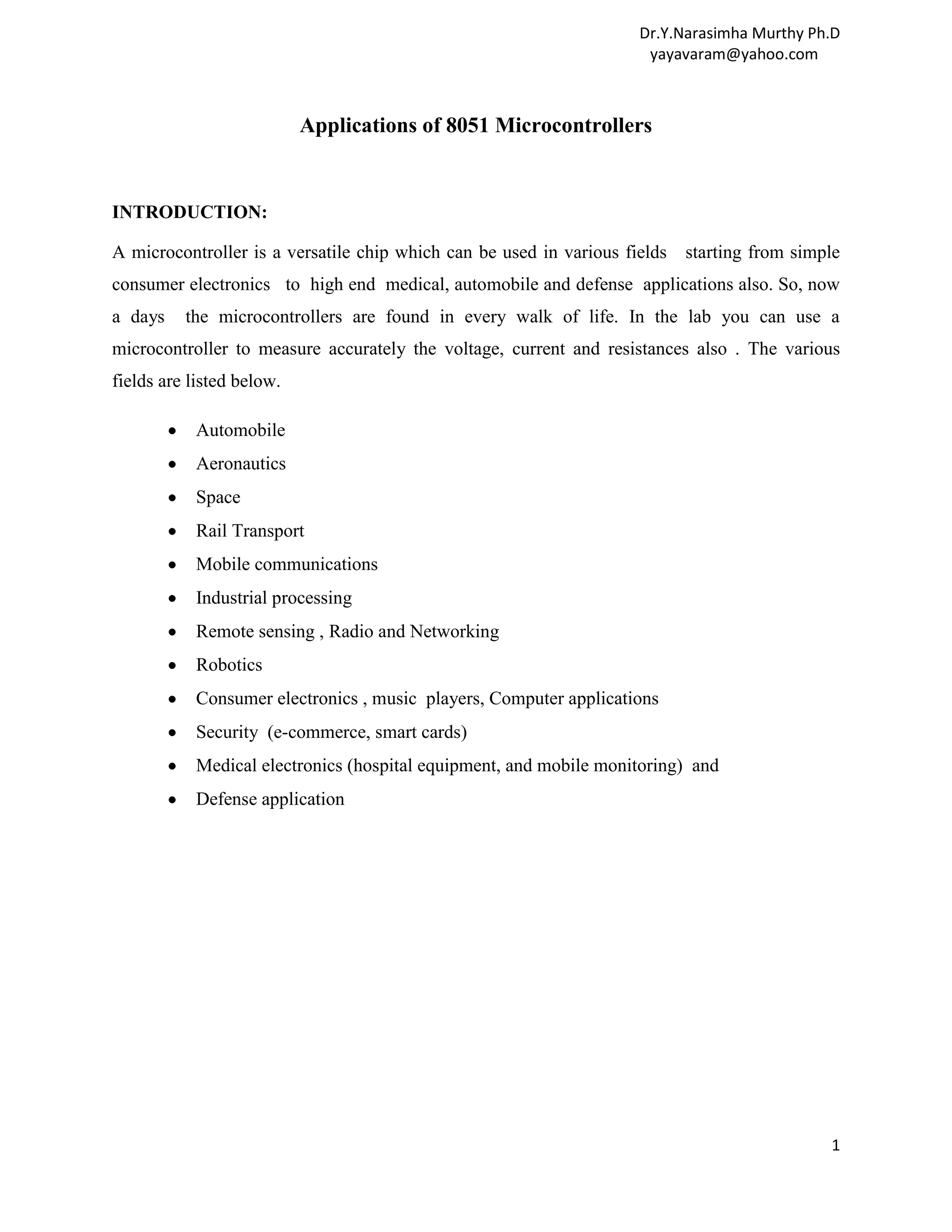 Applications of 8051 microcontrollers | DOCX
