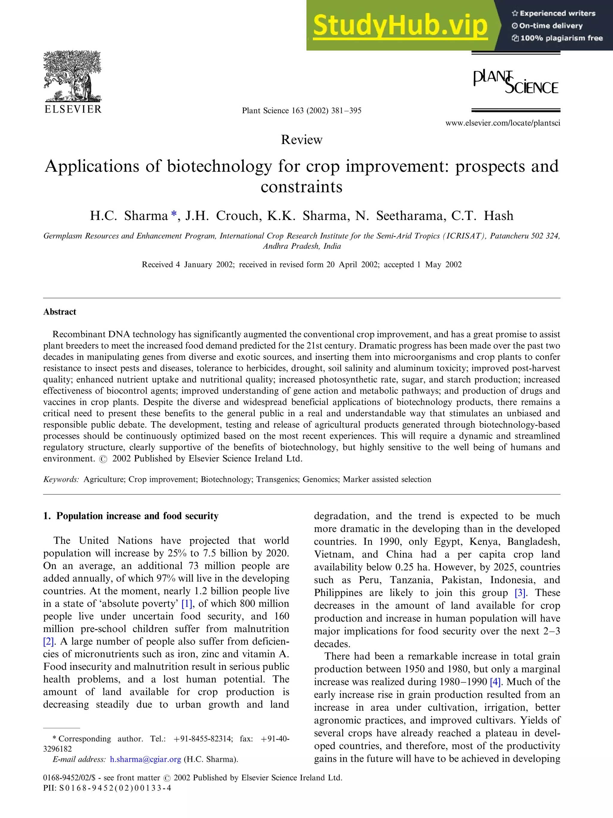 Applications Of Biotechnology For Crop Improvement Prospects And ...