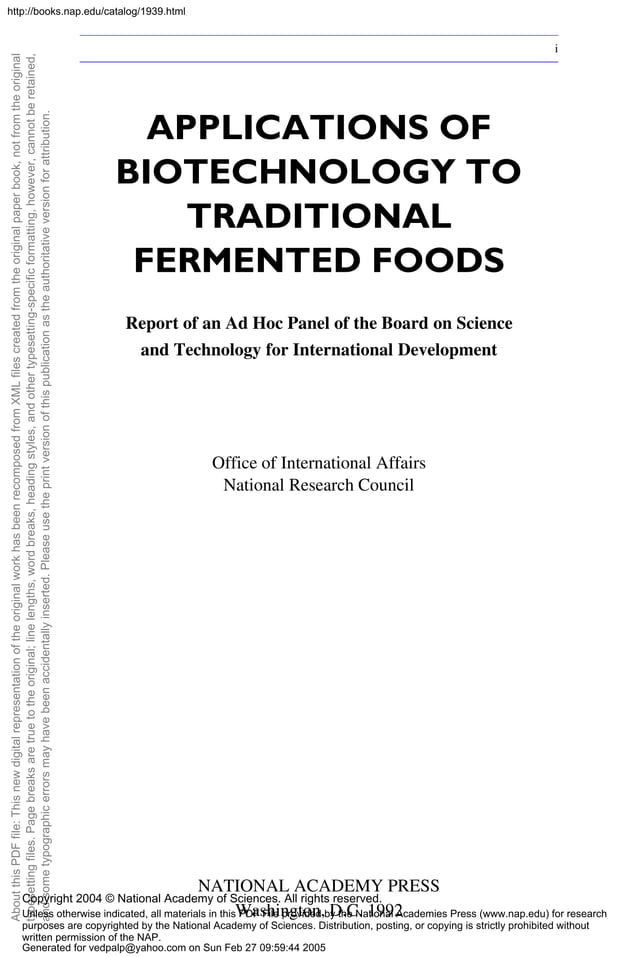 Applications of biotechnology to traditional fermented foods nap-2004 | PDF
