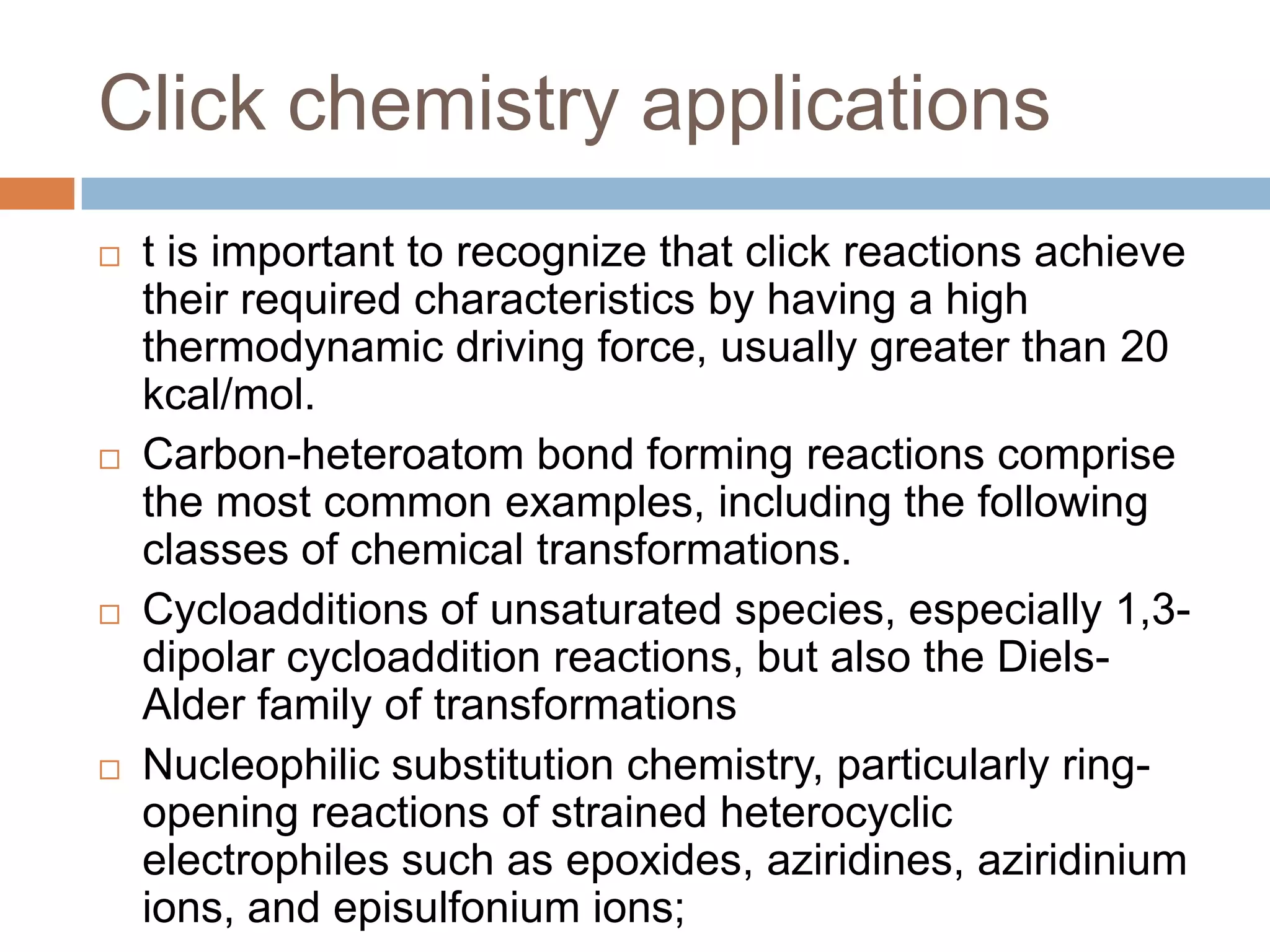 Applications of click chemistry in drug discovery | PPTX
