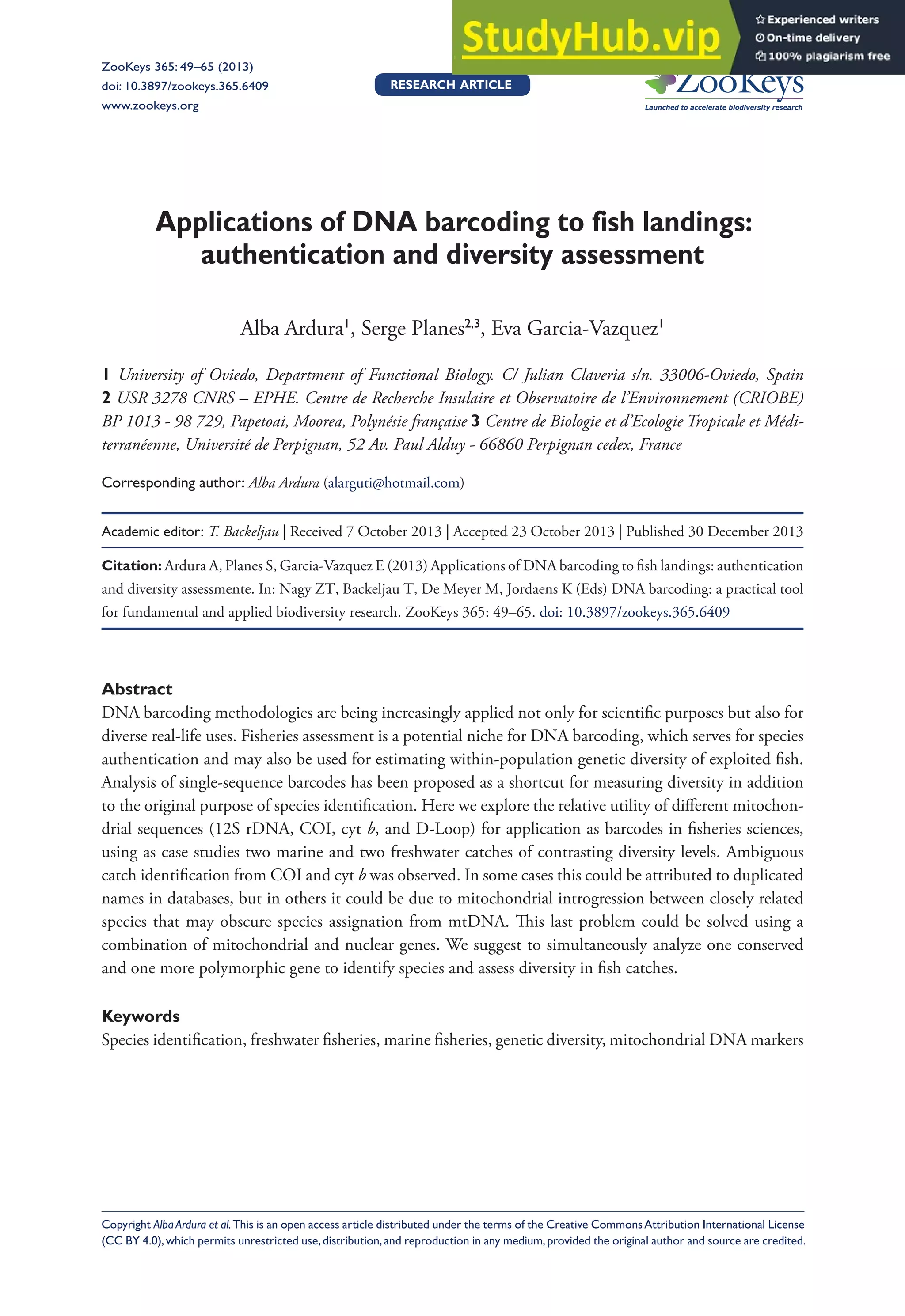 Applications Of DNA Barcoding To Fish Landings Authentication And Diversity Assessmente | PDF