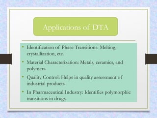 Applications of differential scanning calorimetry, thermogravimetry analysis, differential ...