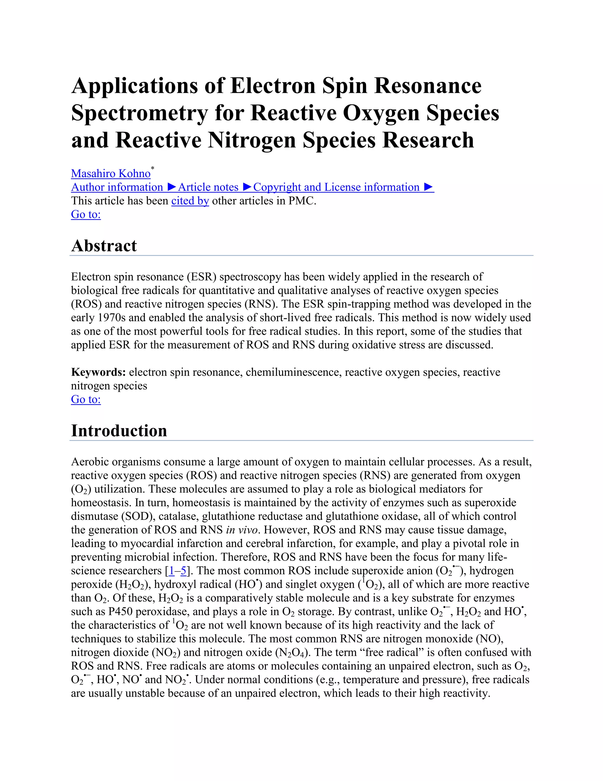 Applications of electron spin resonance spectrometry for reactive ...