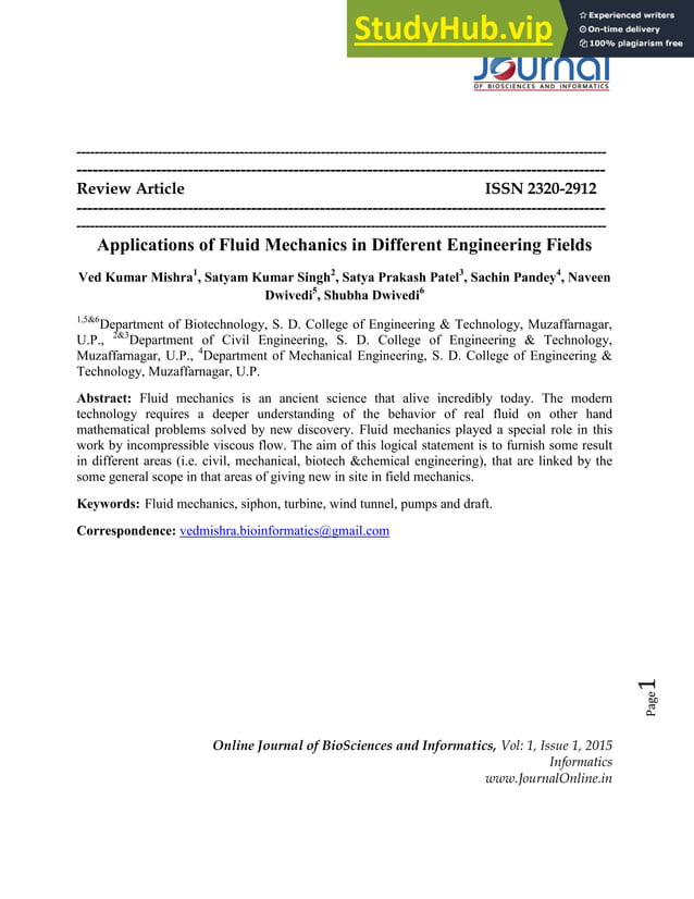 Applications Of Fluid Mechanics In Different Engineering Fields | PDF | Physics | Science