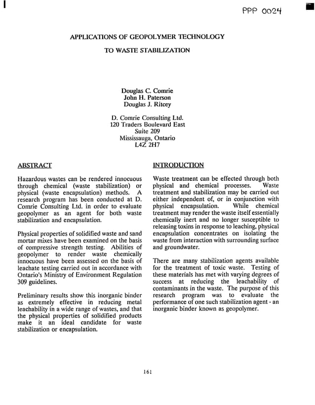 Applications of geopolymer technology to waste stabilization | PDF