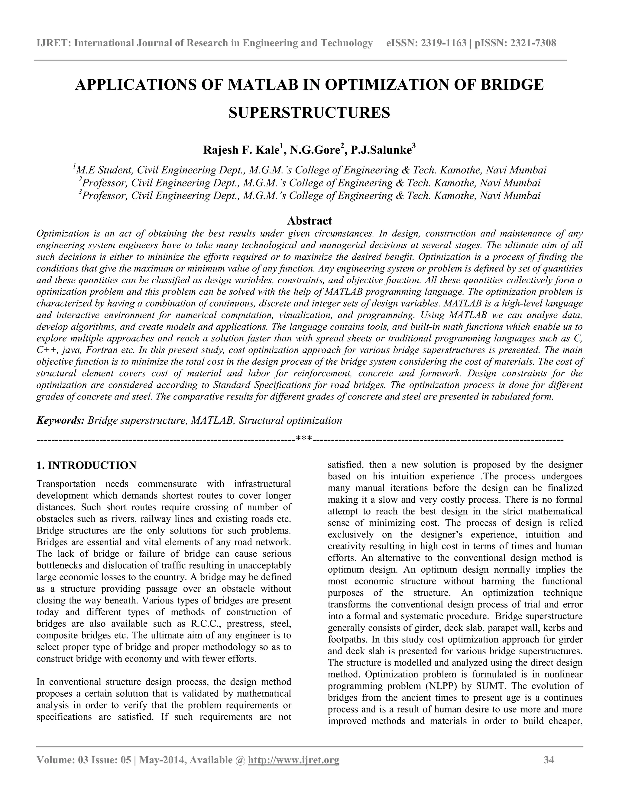 Applications of matlab in optimization of bridge | PDF