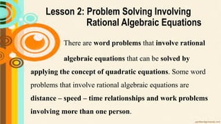 Applications of Quadratic Equations and Rational Algebraic Equations | PDF