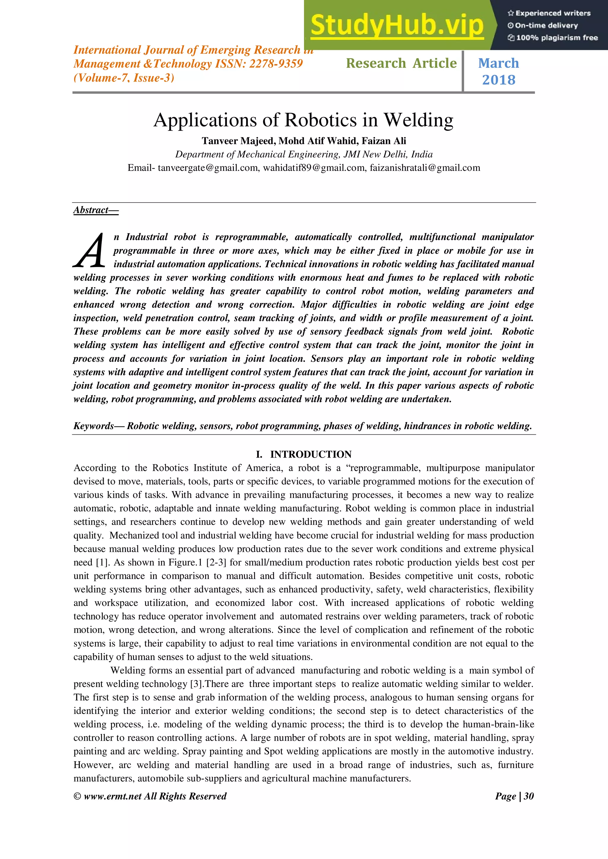Applications Of Robotics In Welding | PDF