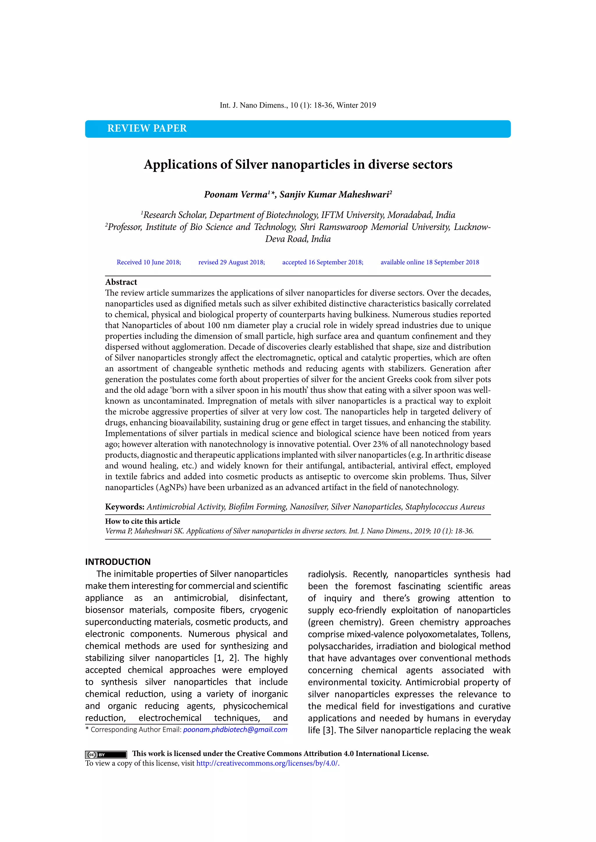 Applications of silver nanoparticles in diverse sectors | PDF