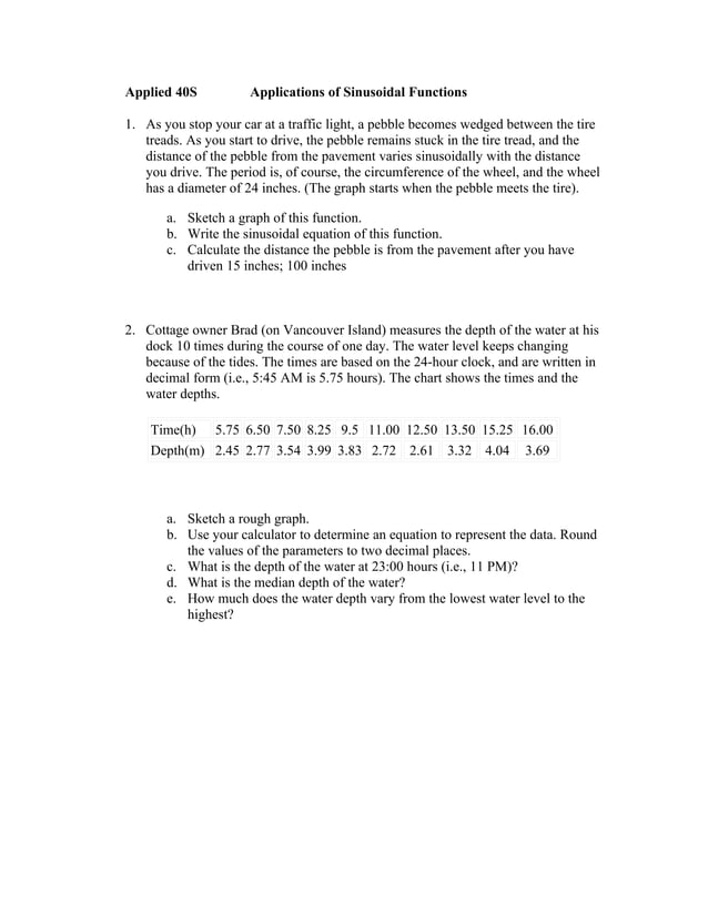 Applications of sinusoidal functions assignment | PDF