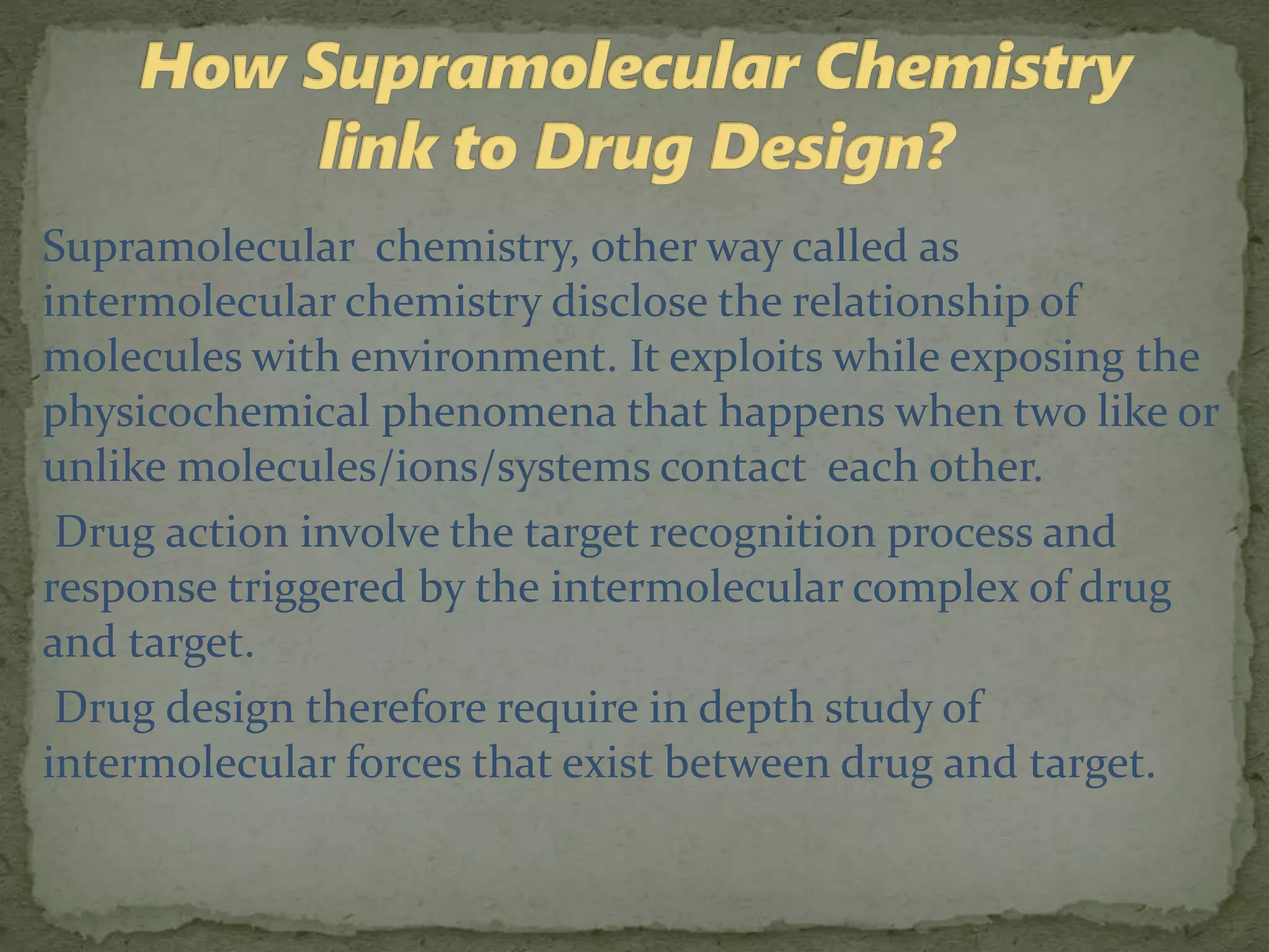Applications of supramolecular chemistry in drug design | PPTX