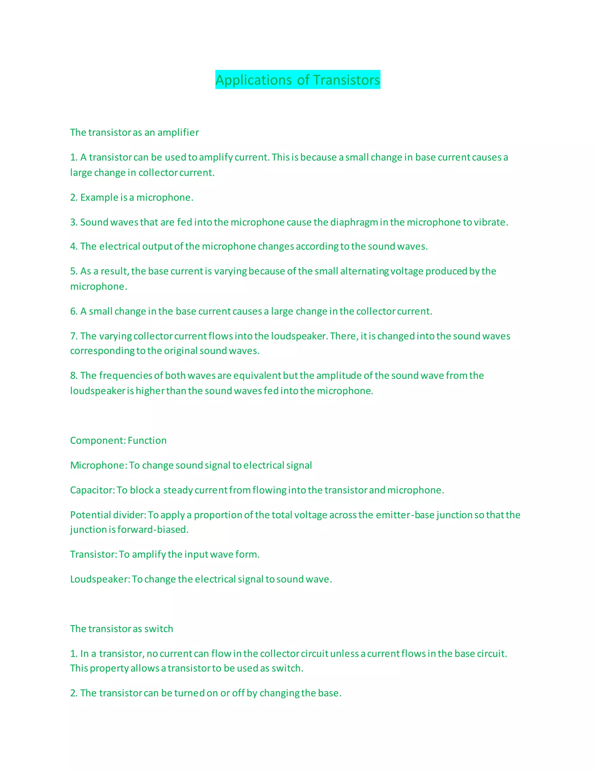 Applications of transistors | DOCX
