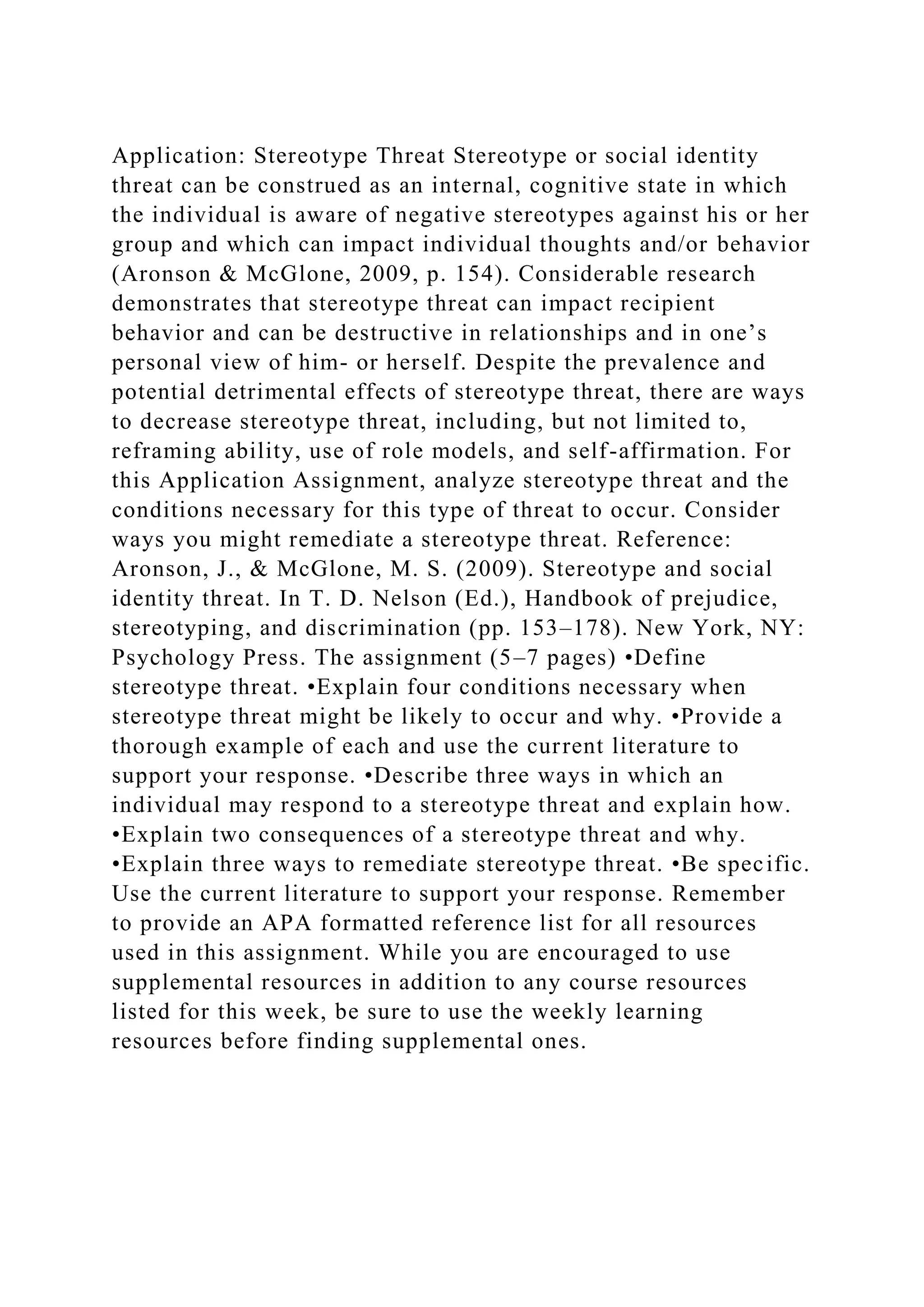 Application Stereotype Threat Stereotype or social identity threat .docx