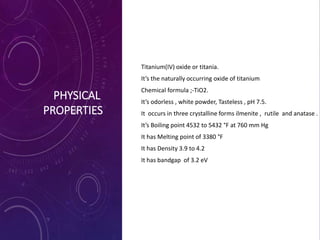 Applicatuion and syntheis of tio2 project | PPTX