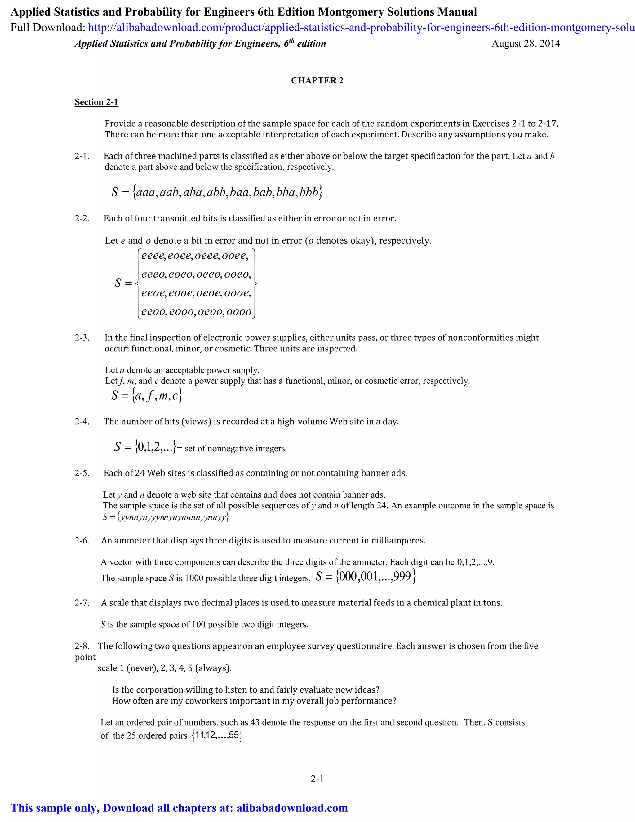 Applied Statistics and Probability for Engineers 6th Edition Montgomery Solutions Manual | PDF