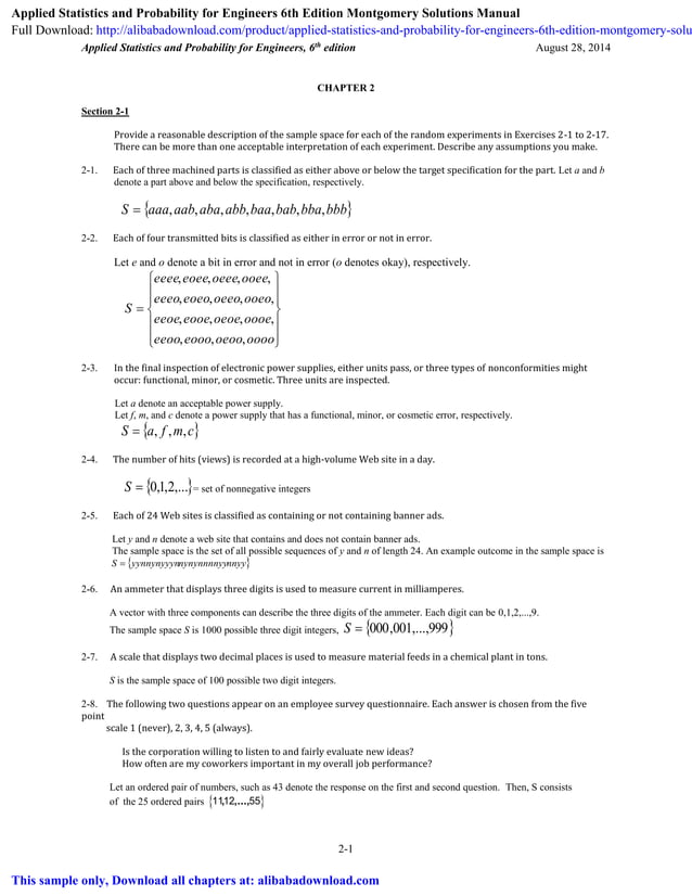 Applied Statistics and Probability for Engineers 6th Edition Montgomery Solutions Manual | PDF