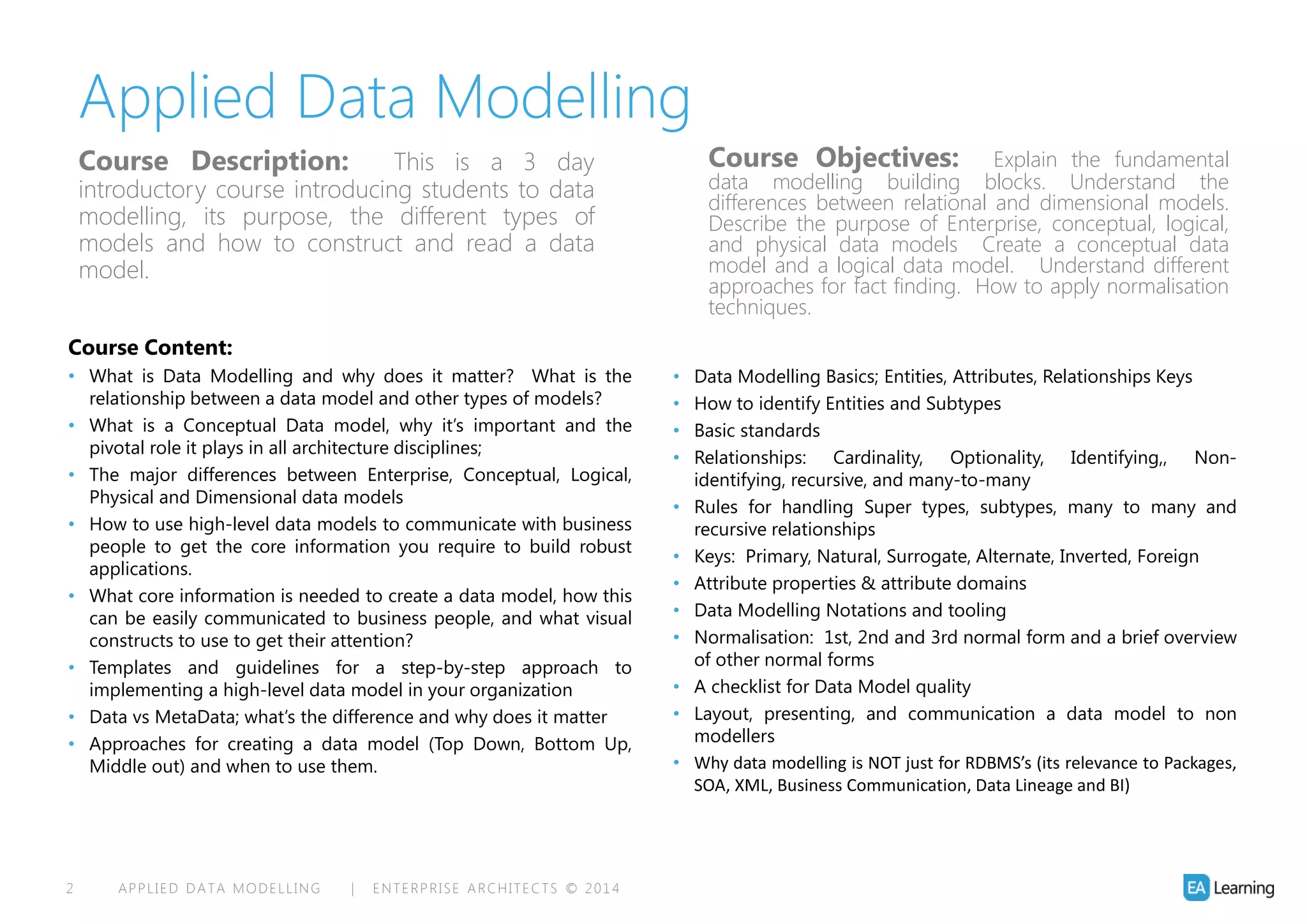Data Modelling Fundamentals course 3 day synopsis | PDF