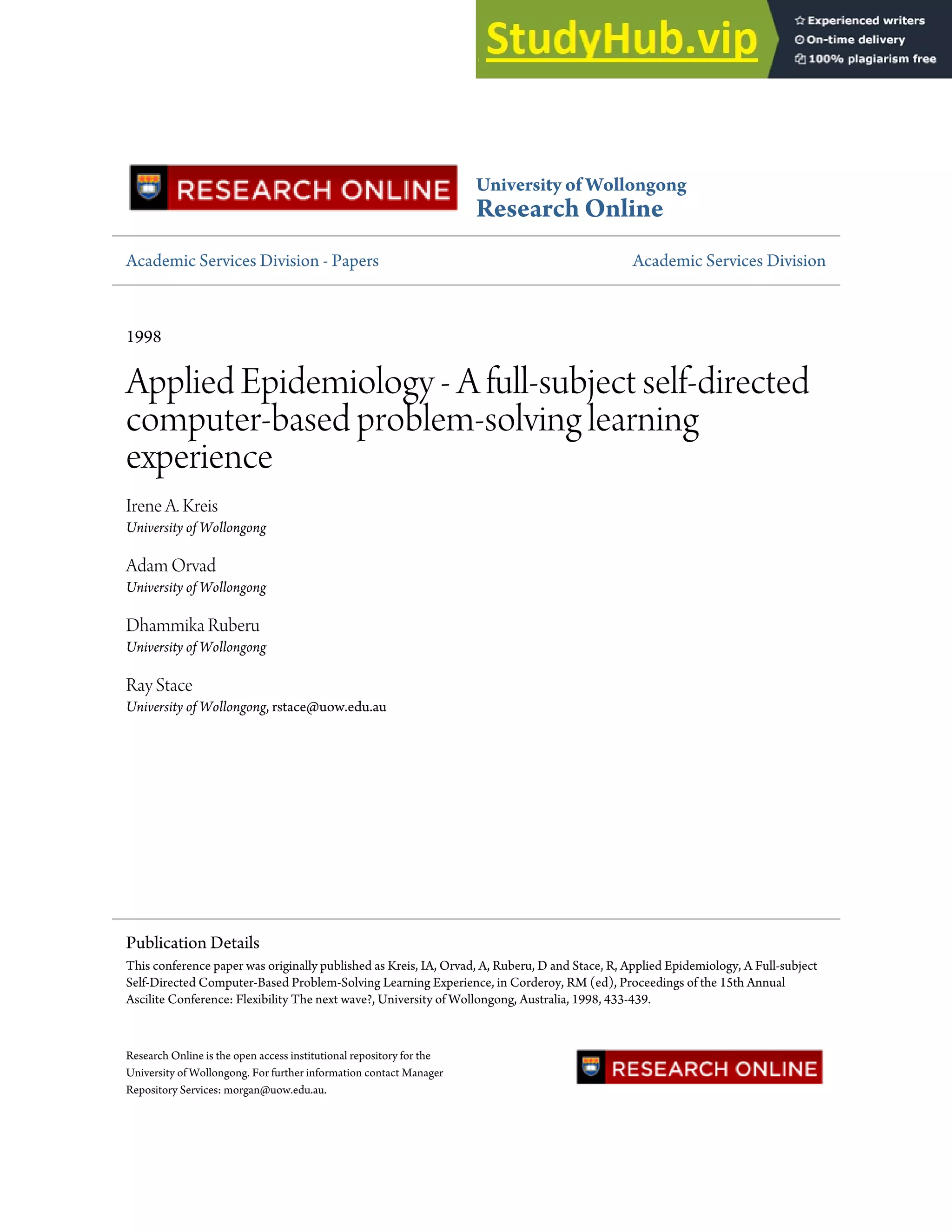 Applied Epidemiology - A Full-Subject Self-Directed Computer-Based Problem-Solving Learning ...