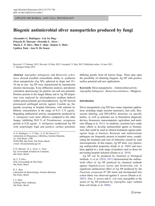 Biogenic antimicrobial silver nanoparticles produced by fungi | PDF