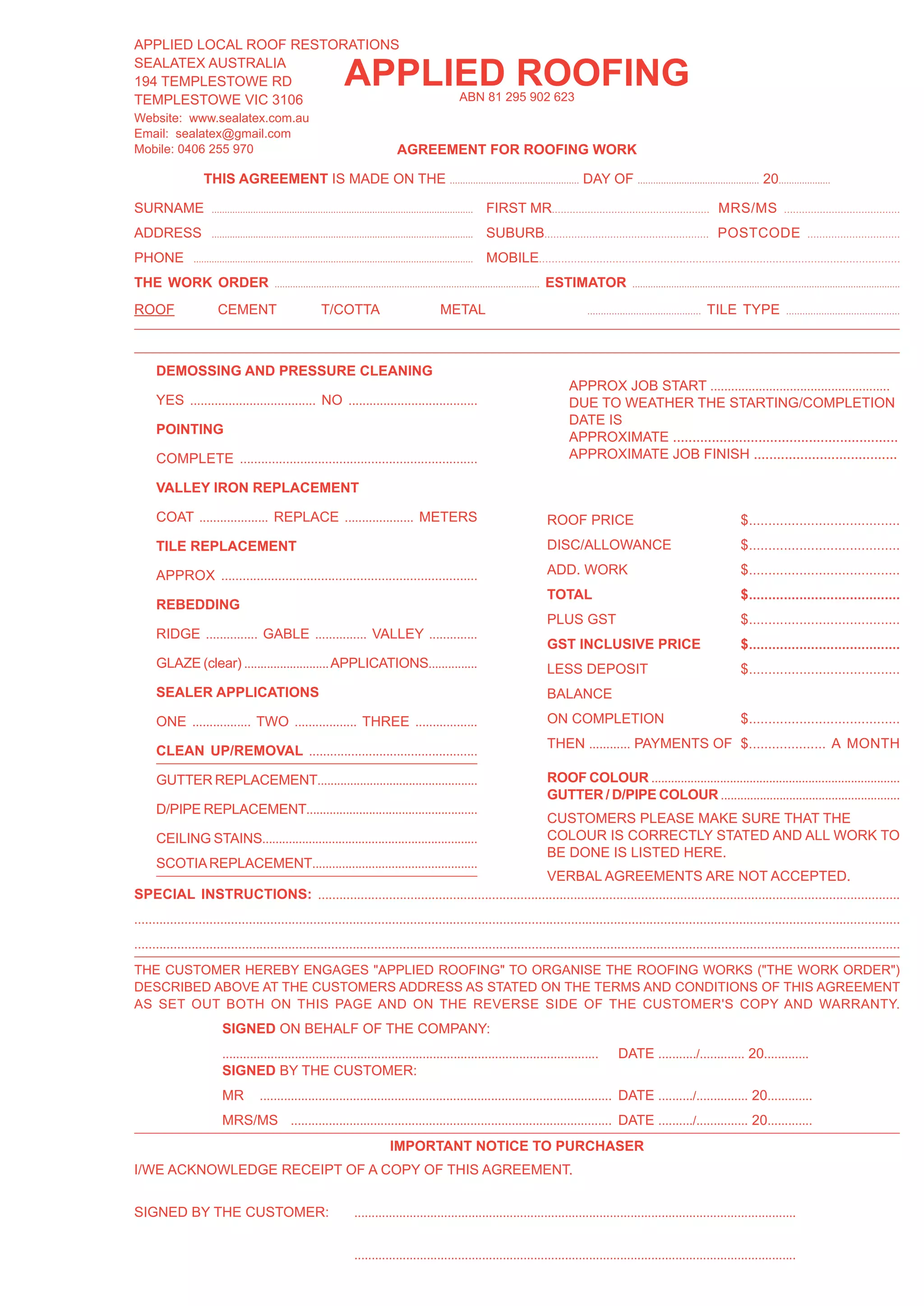 Applied roofing Quote Form | PDF