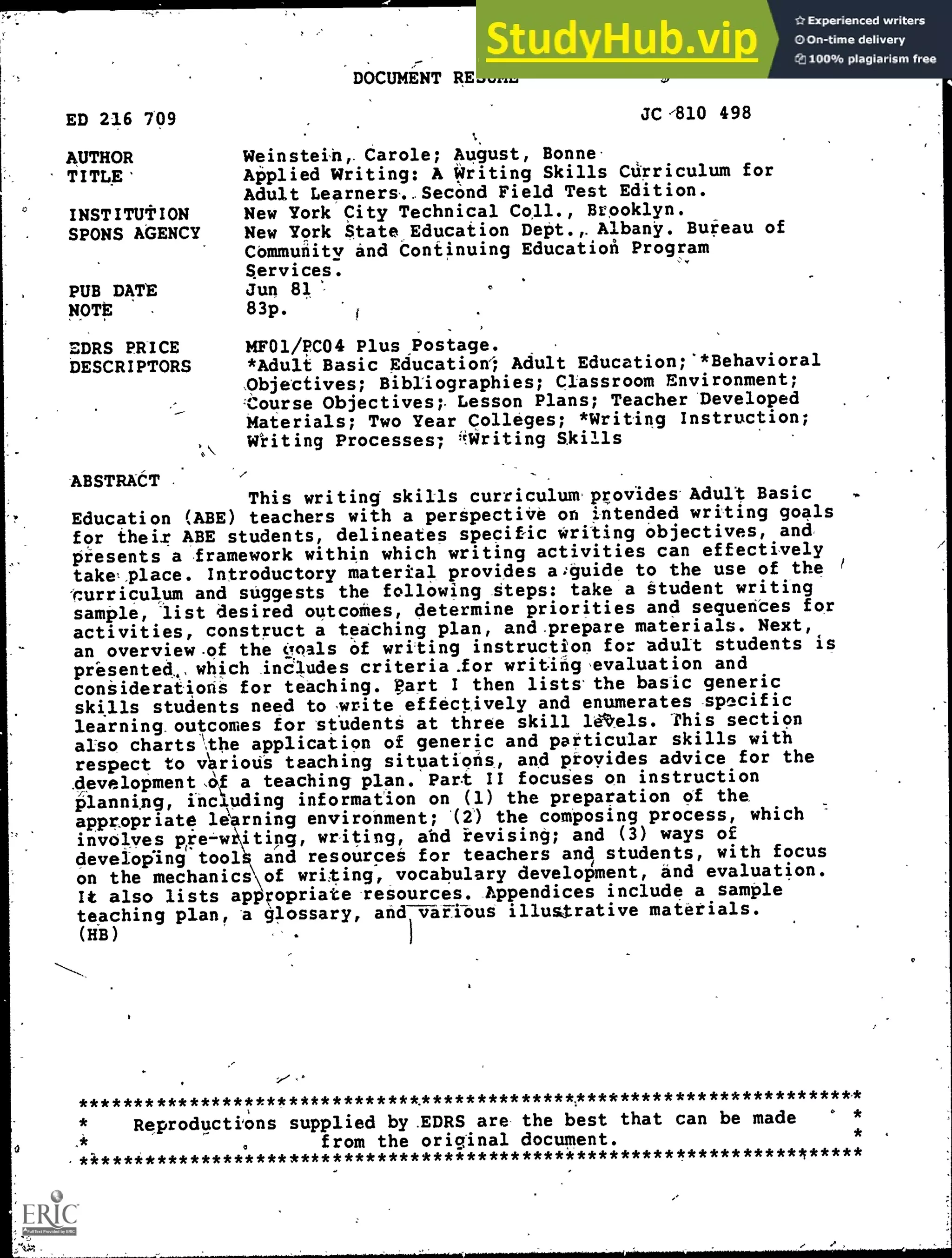 Applied Writing A Writing Skills Curriculum For Adult Learners. Second ...