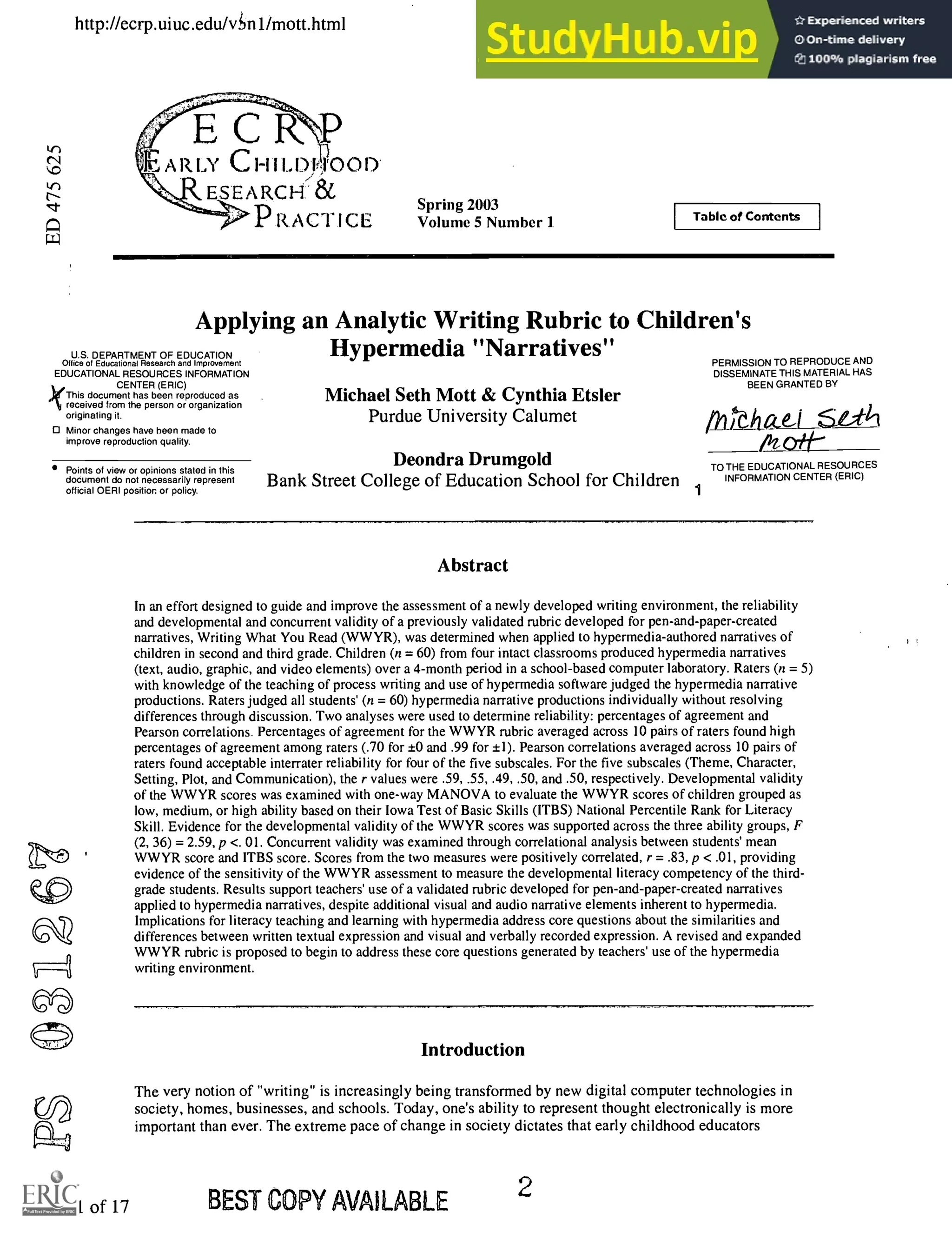 Applying An Analytic Writing Rubric To Children S Hpermedia Quot ...