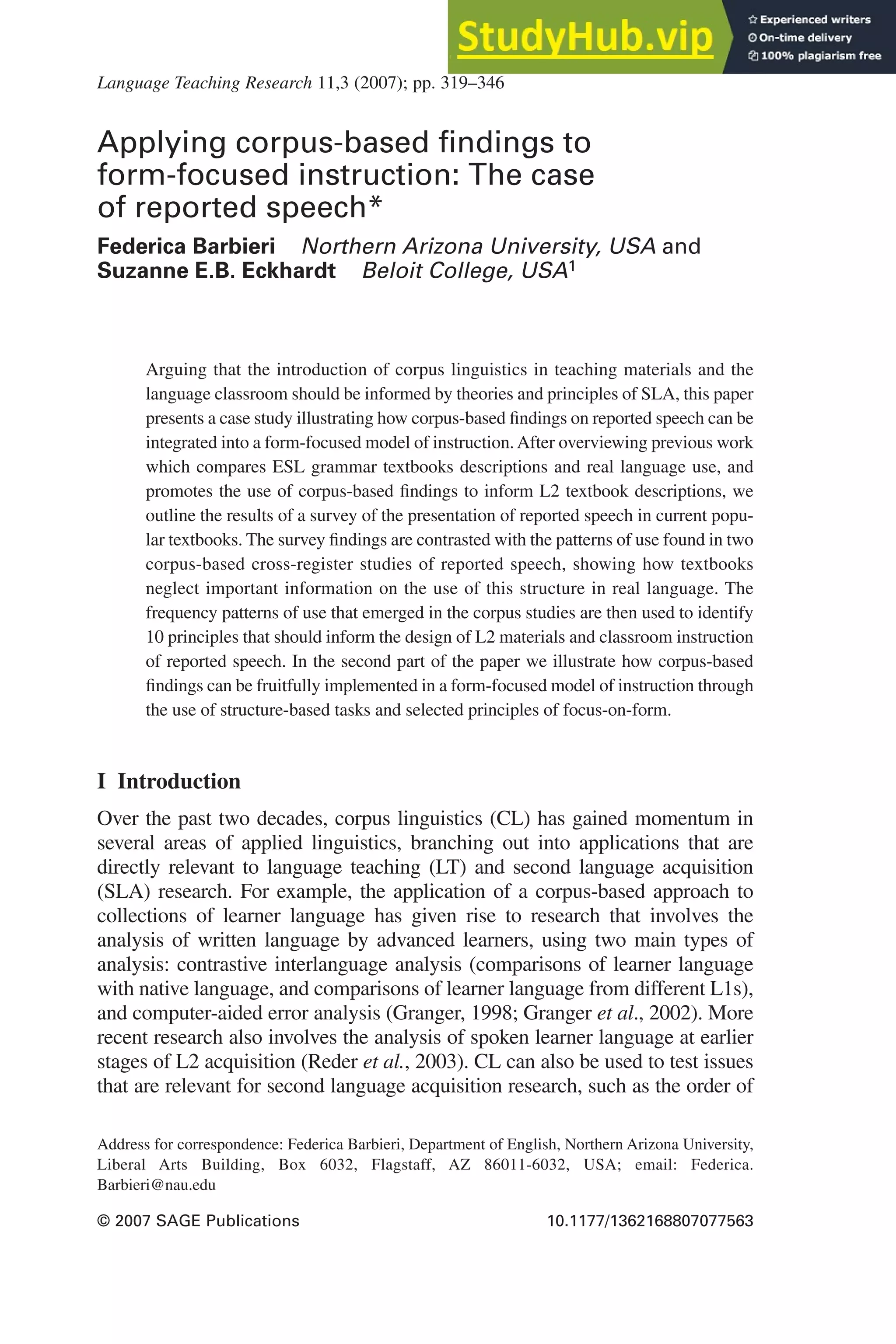 Applying Corpus-Based Findings To Form-Focused Instruction The Case Of ...