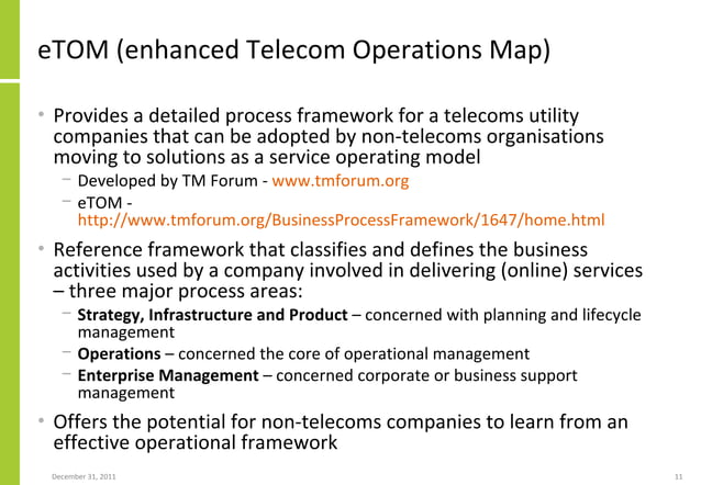 Applying eTOM (enhanced Telecom Operations Map) Framework to Non-Telecommunications Service ...