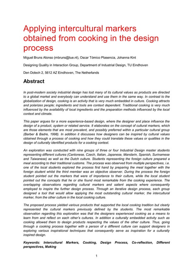 Applying intercultural markers obtained from cooking in the design process. brun | PDF