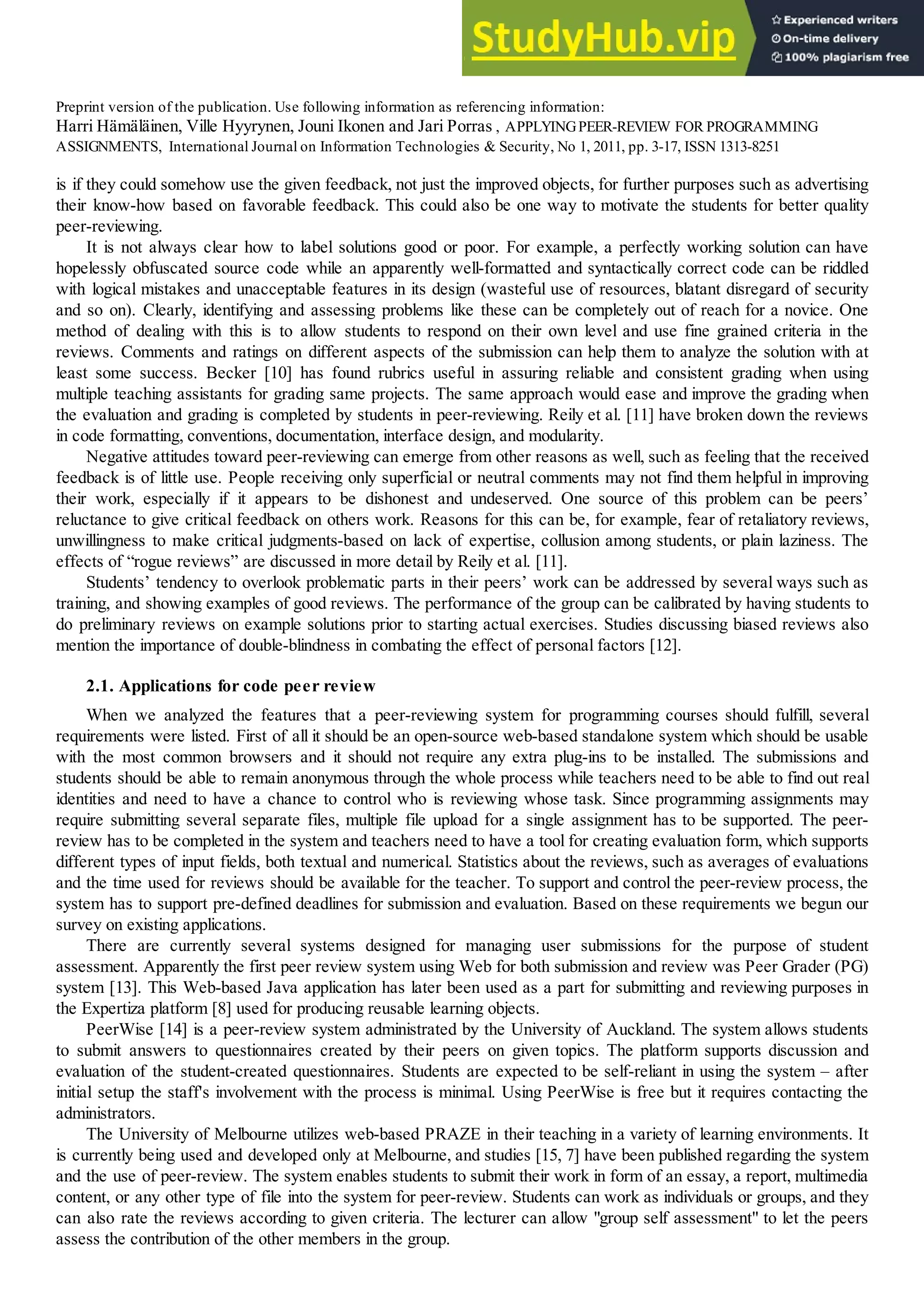 Applying Peer-Review For Programming Assignments | PDF | Web Development | Internet