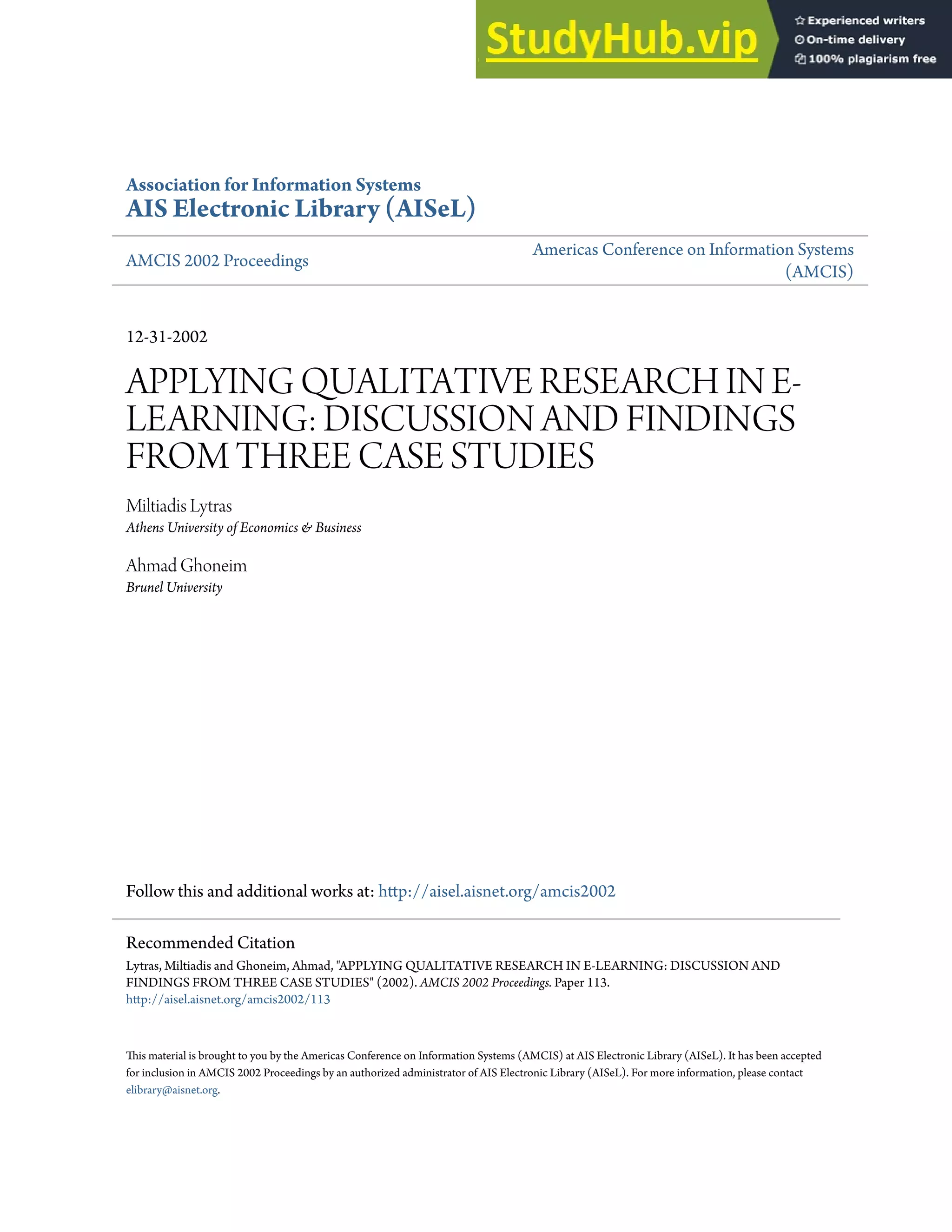APPLYING QUALITATIVE RESEARCH IN E-LEARNING DISCUSSION AND FINDINGS ...
