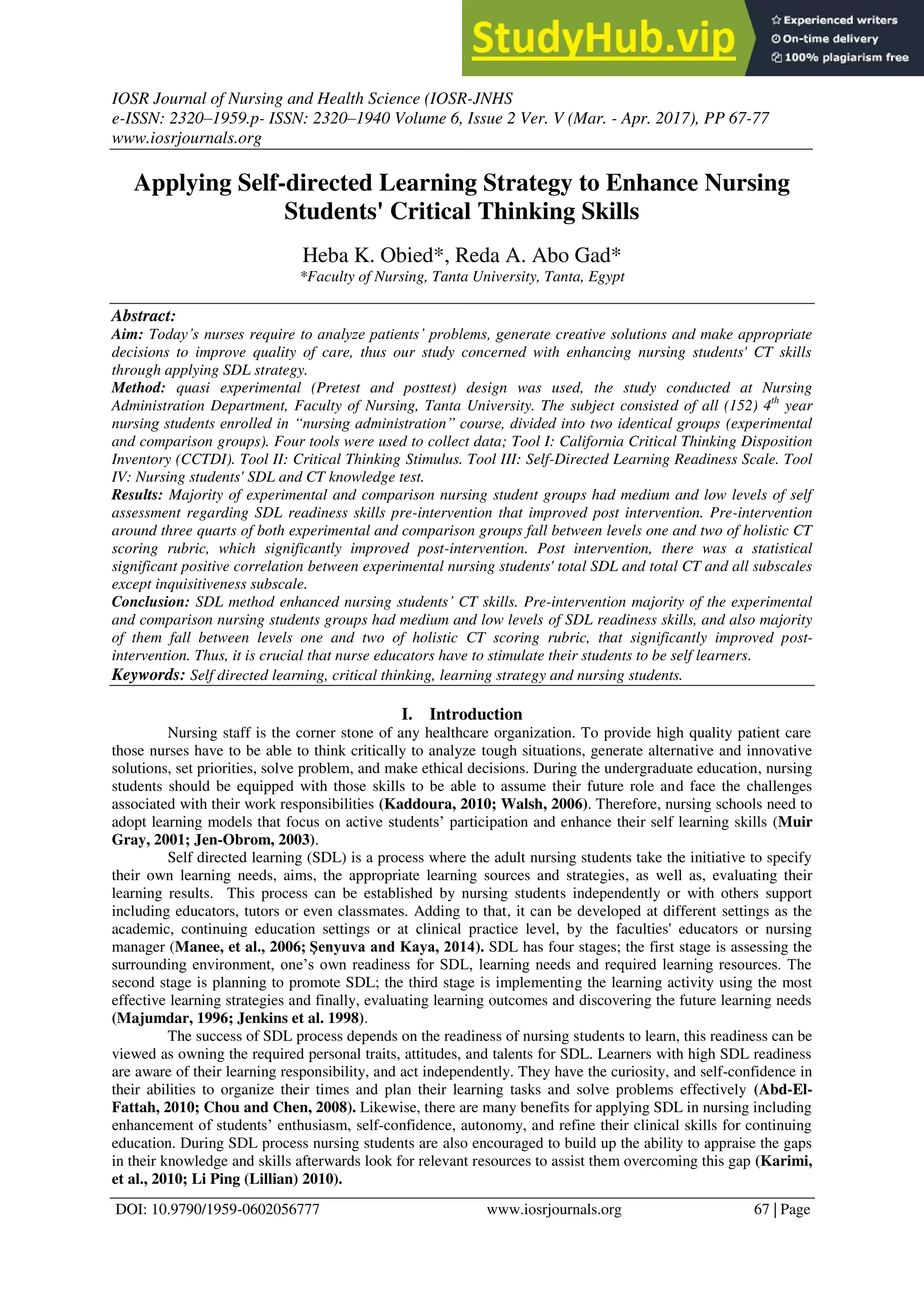 Applying Self-Directed Learning Strategy To Enhance Nursing Students Critical Thinking Skill | PDF