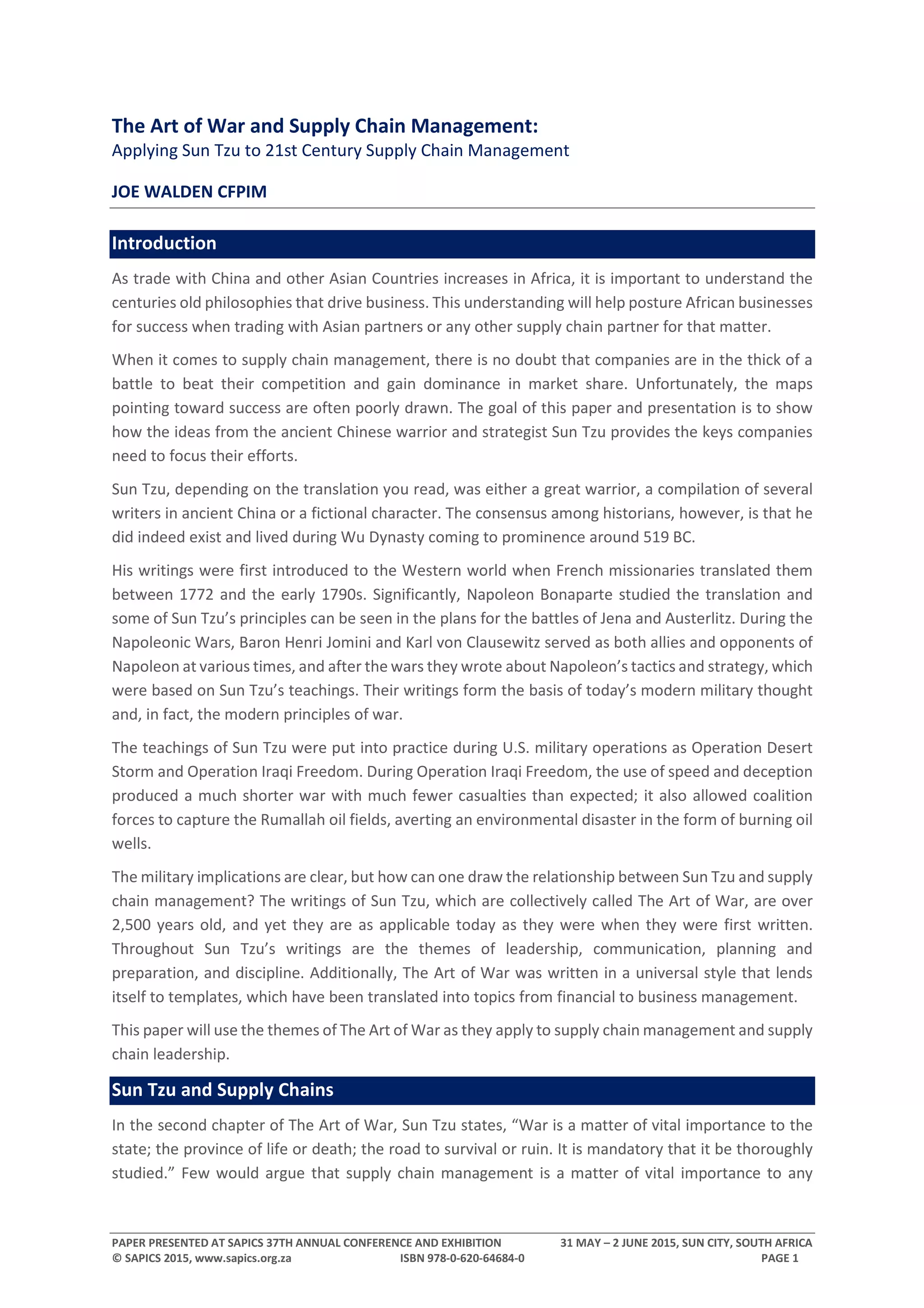 The Art of War and Supply Chain Management: | PDF