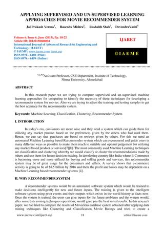 Applying supervised and un supervised learning approaches for movie recommender system | PDF