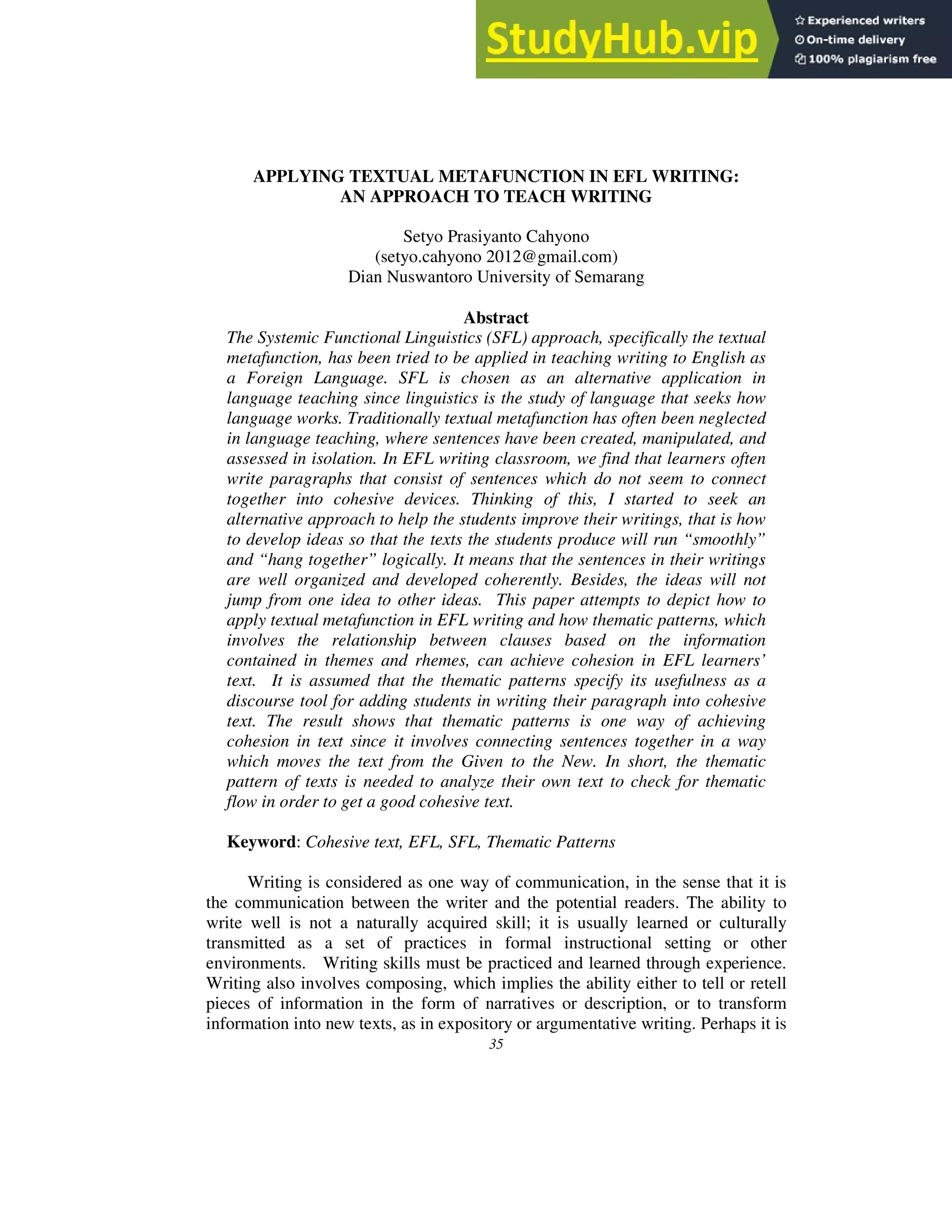 APPLYING TEXTUAL METAFUNCTION IN EFL WRITING AN APPROACH TO TEACH WRITING | PDF