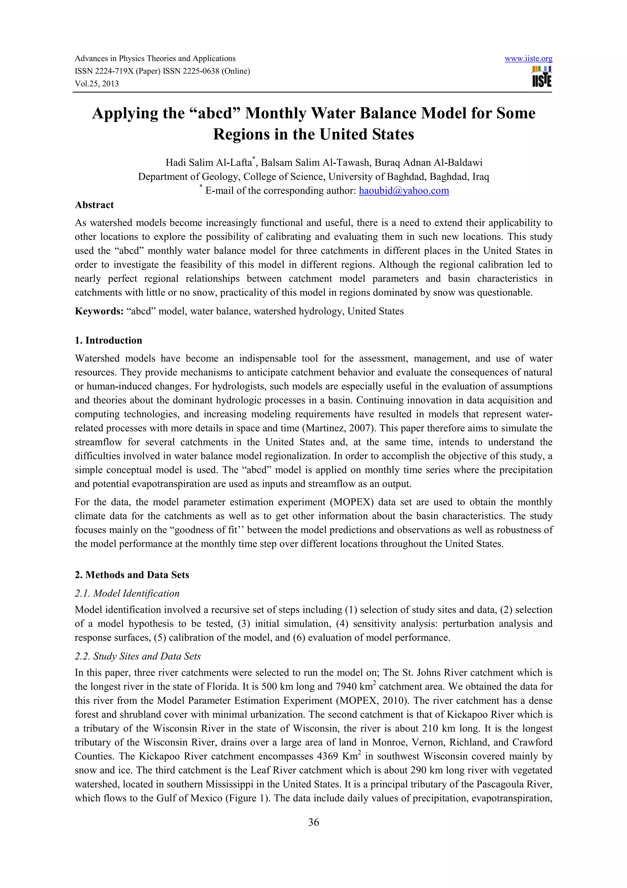 Applying the “abcd” monthly water balance model for some regions in the ...