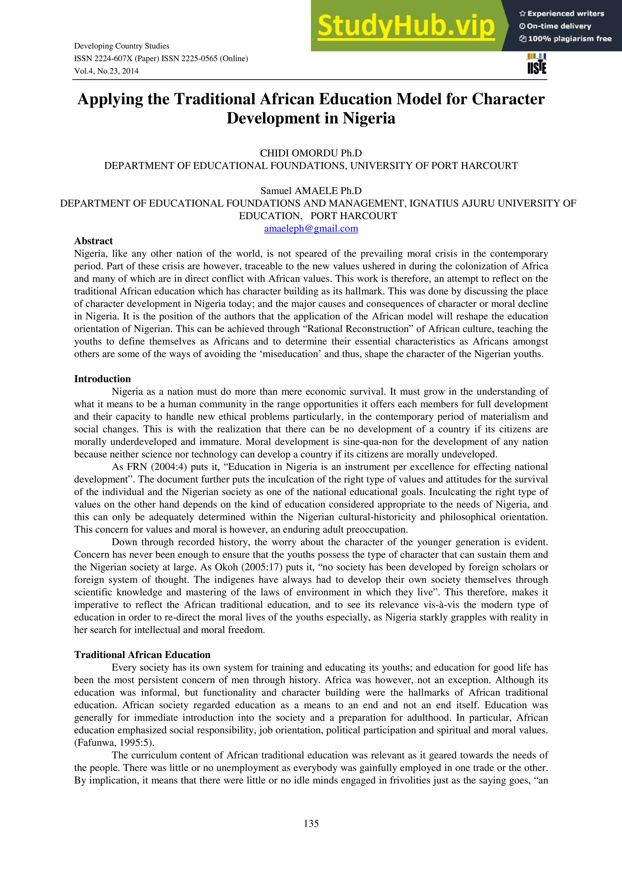 Applying The Traditional African Education Model For Character ...