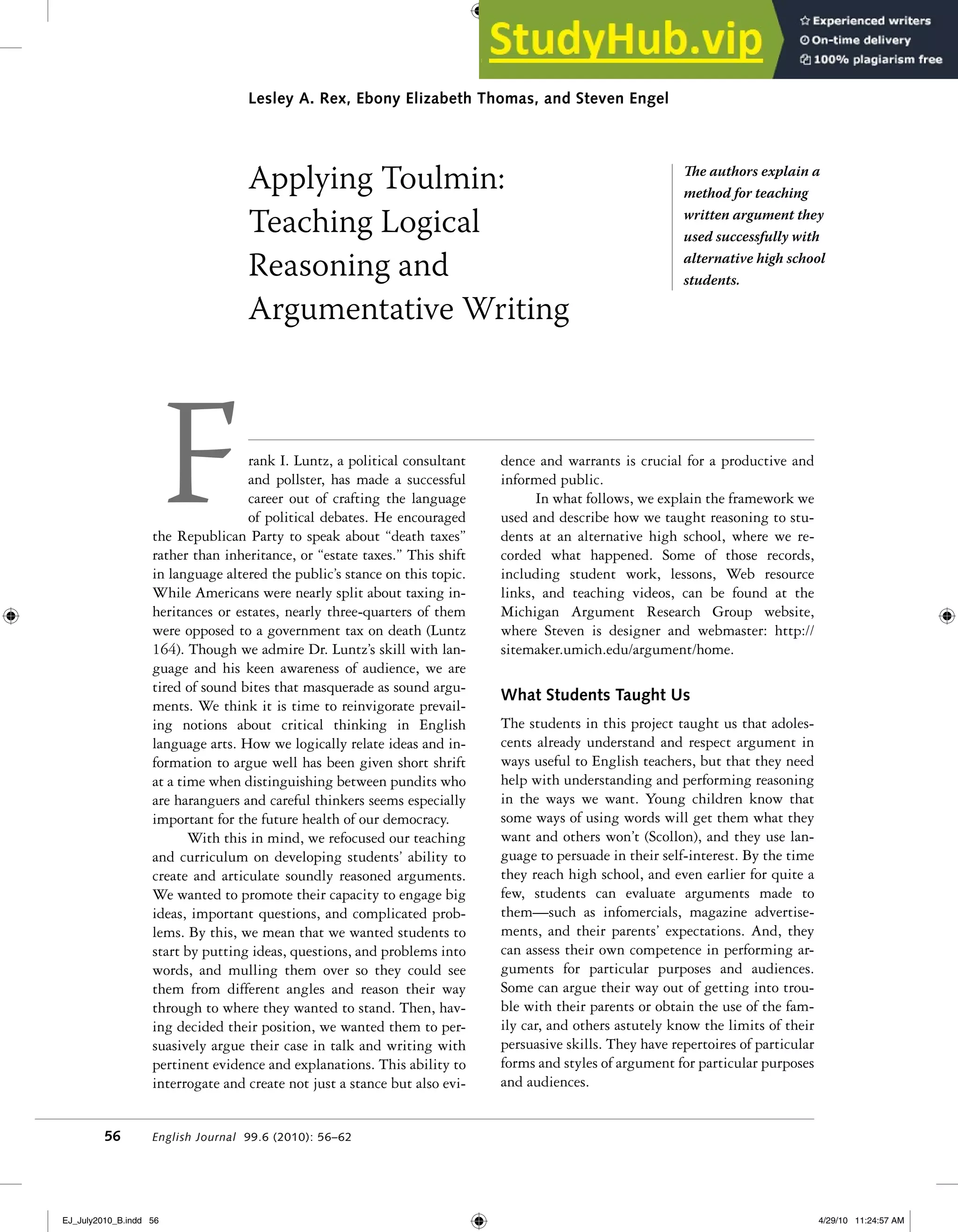 Applying Toulmin Teaching Logical Reasoning And Argumentative Writing | PDF