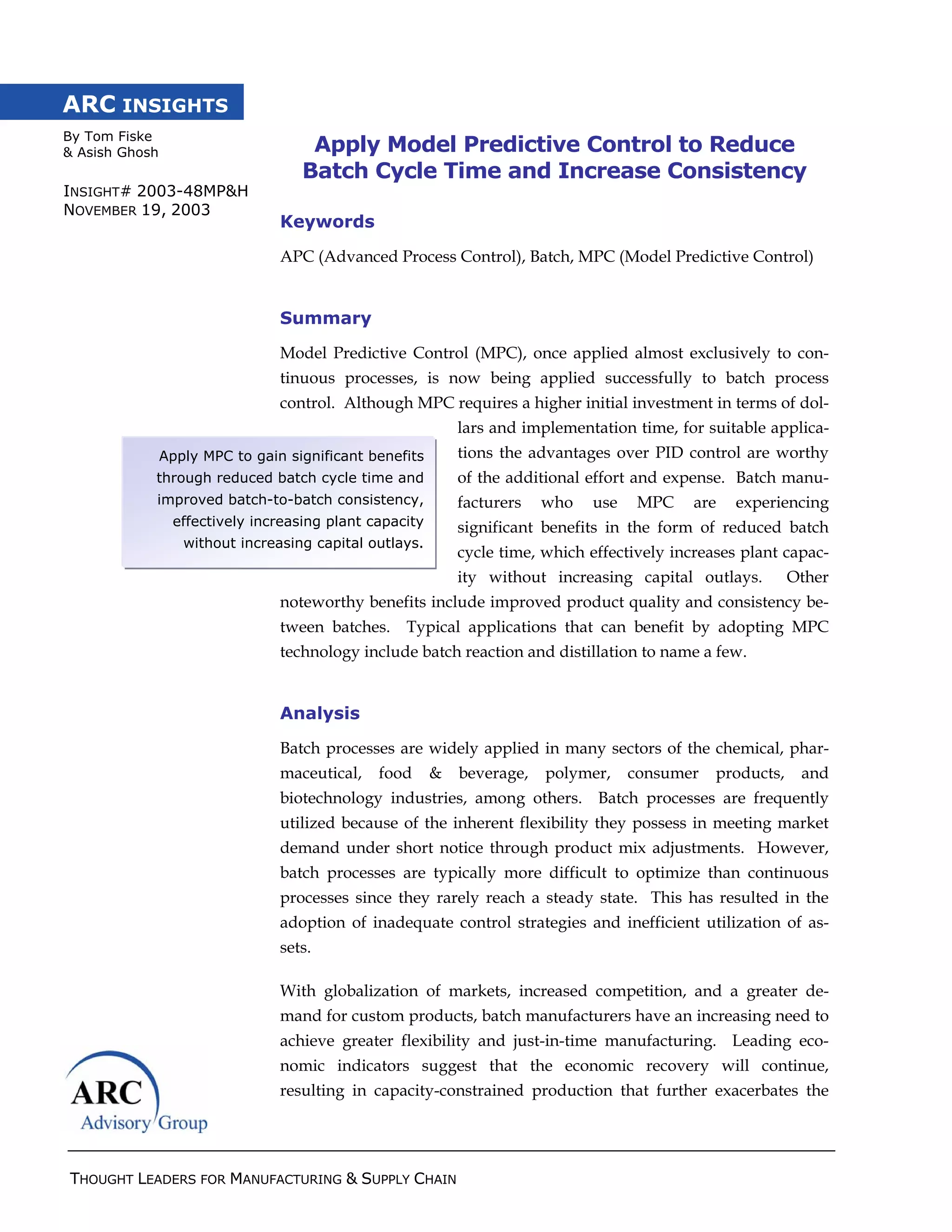 Apply Model Predictive Control To Reduce Batch Cycle Time And Increase Consistency Ppt
