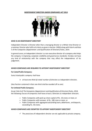 INDEPENDENT DIRECTOR UNDER COMPANIES ACT 2013 | PDF