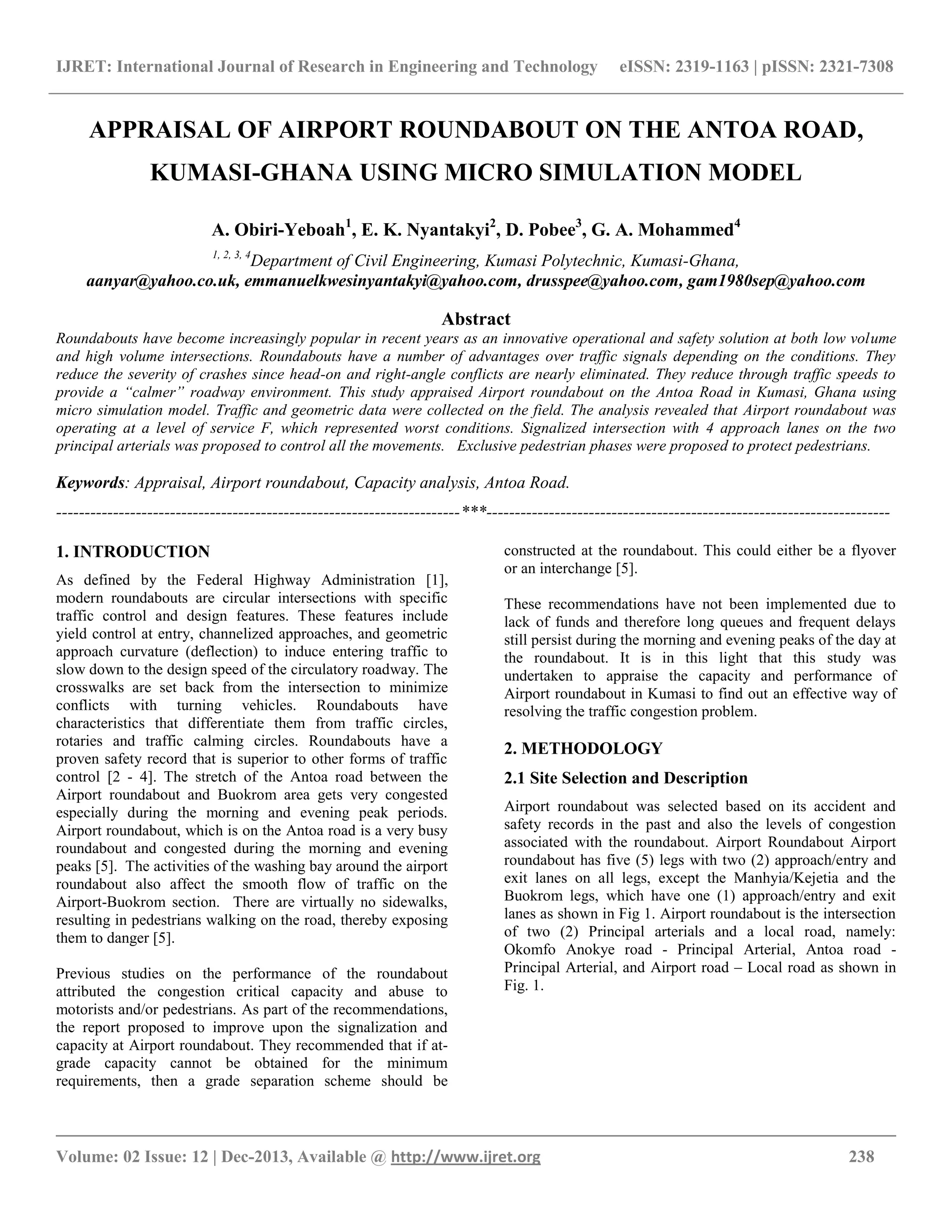 Appraisal of airport roundabout on the antoa road, kumasi ghana using ...