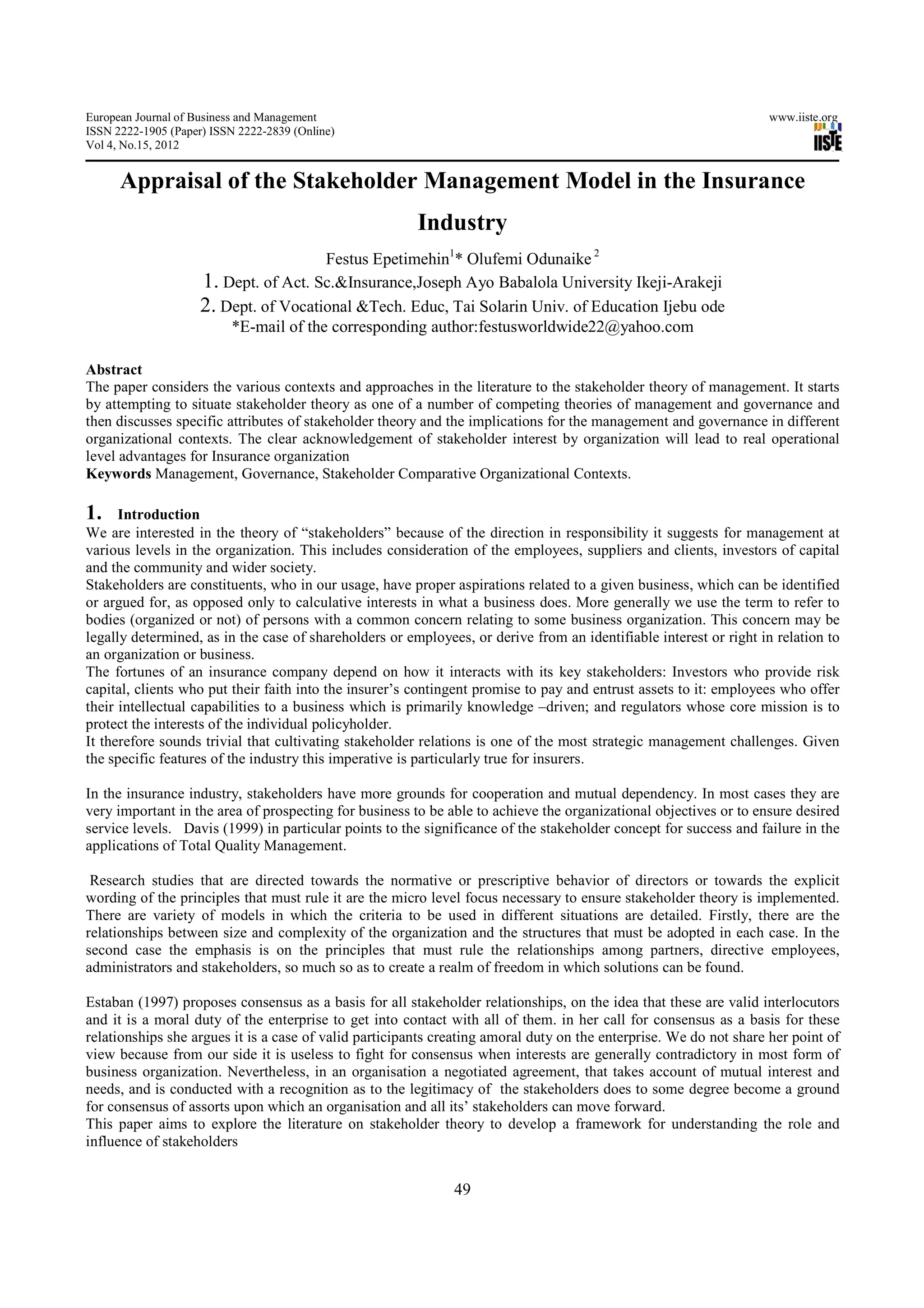 Appraisal of the stakeholder management model in the insurance industry | PDF