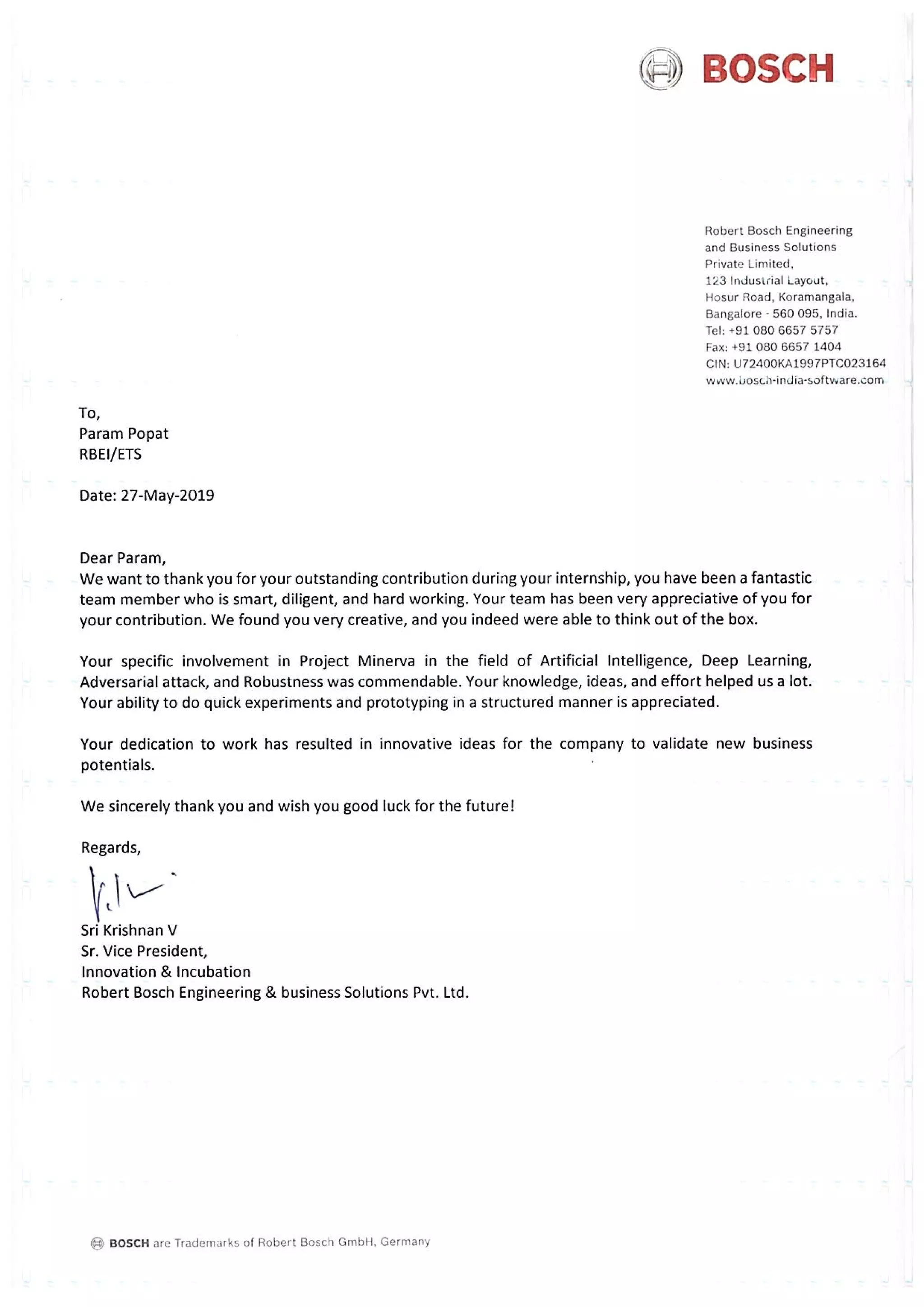 Appreciation Letter from Bosch | PDF | Business | Business and Finance